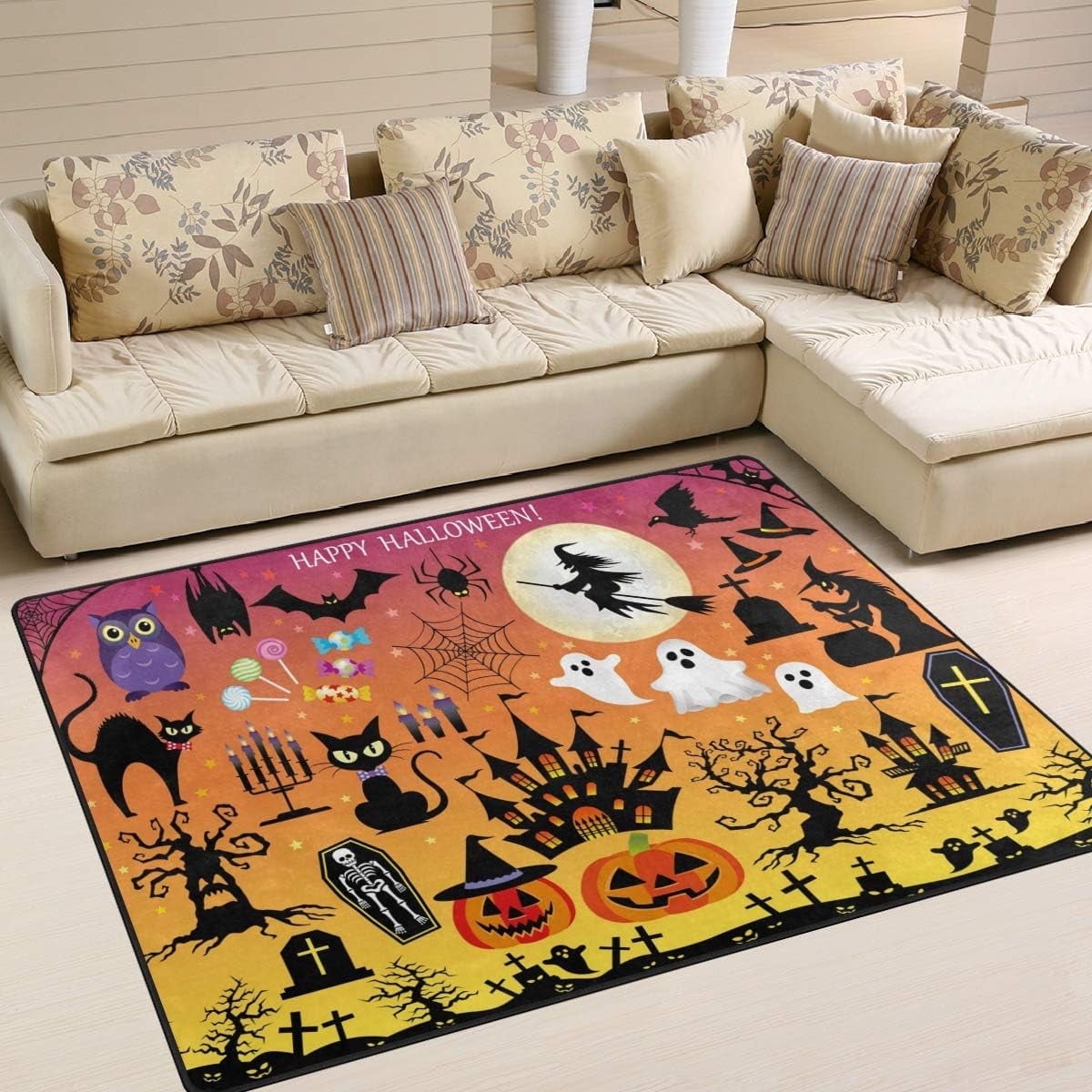 FREEAM Happy Halloween Owl Cat Kitten Bat Pumpkin Moon Area Rug Mat for ...