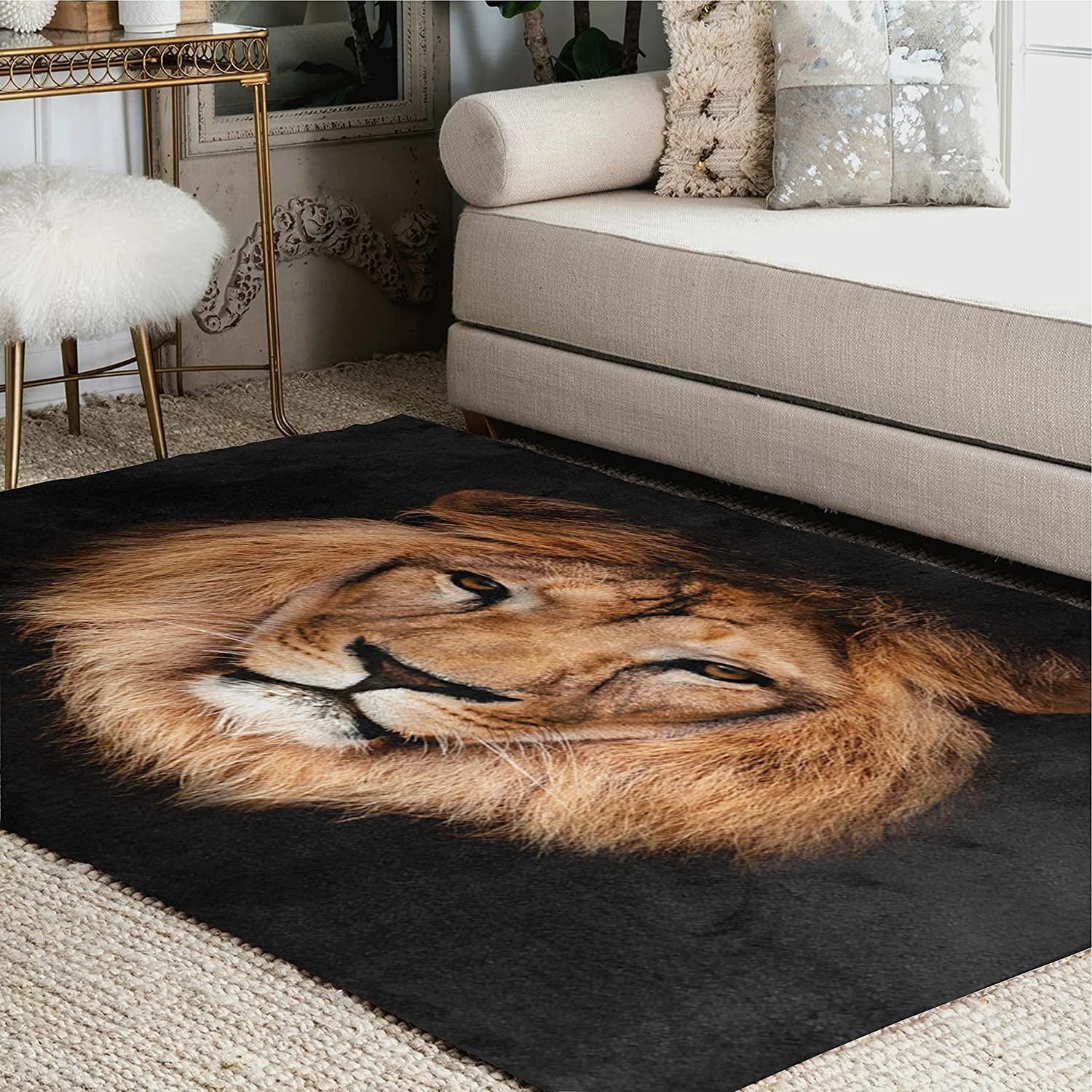 FREEAM Hipster Lion Head Black Area Rug Mat for Living Dining Dorm Room ...