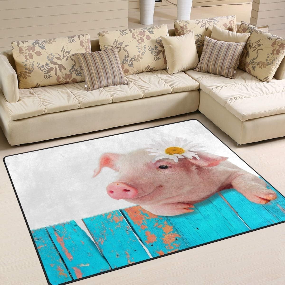 FREEAM Hipster Pig Piggy with Daisy Flower Area Rug Mat for Living ...