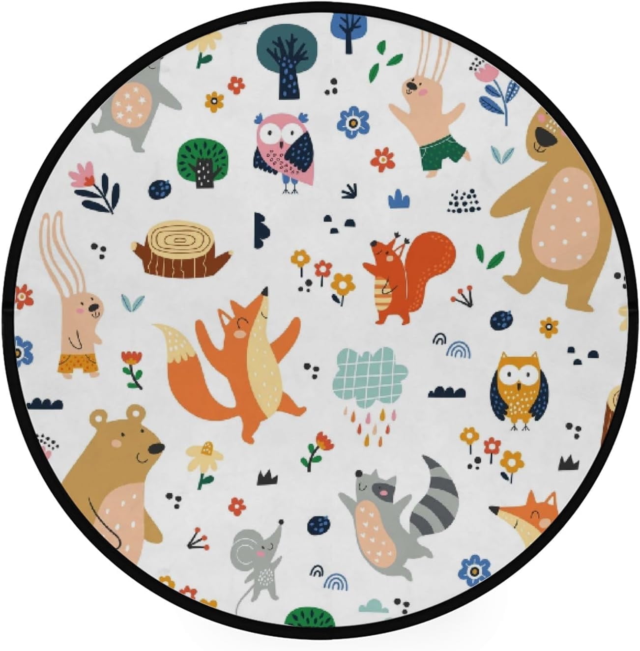 FREEAM Kids Round Nursery Area Rug 5 ft Childish Animals Fox Bear ...