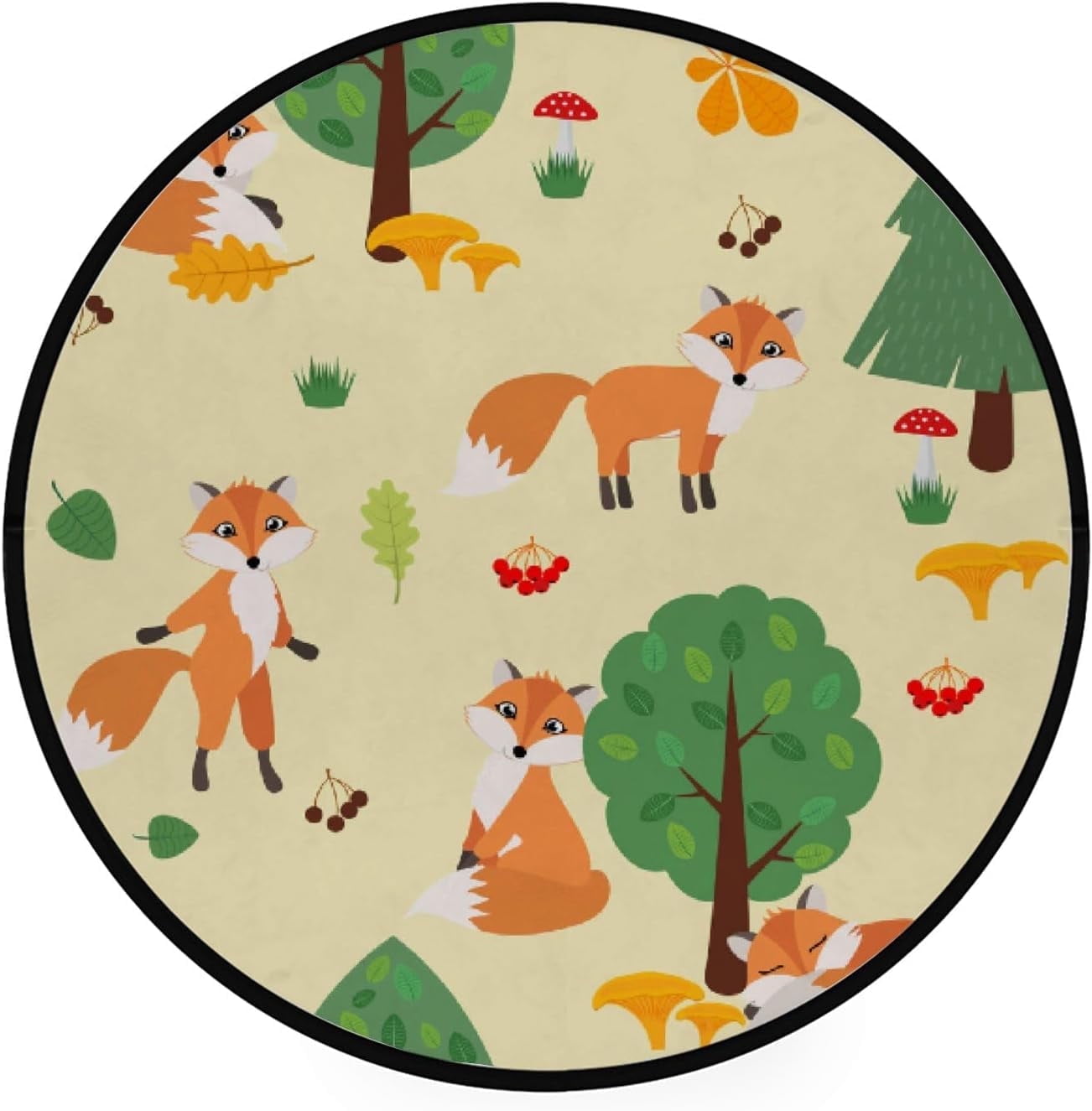 FREEAM Kids Round Nursery Area Rug 5 ft Foxes in The Woods Non Slip ...