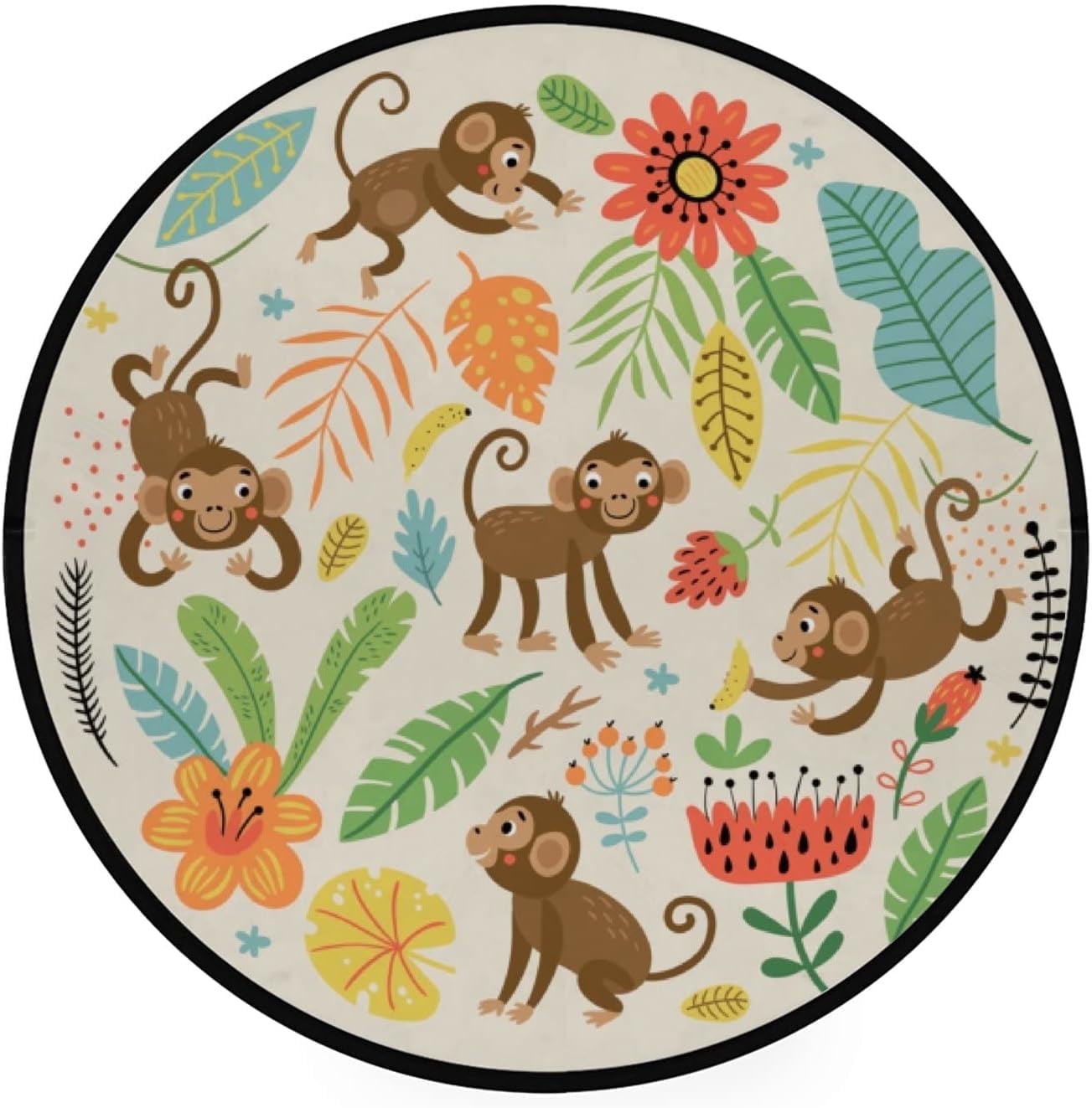FREEAM Kids Round Nursery Area Rug Cute Monkeys 5 Ft Non Skid for ...