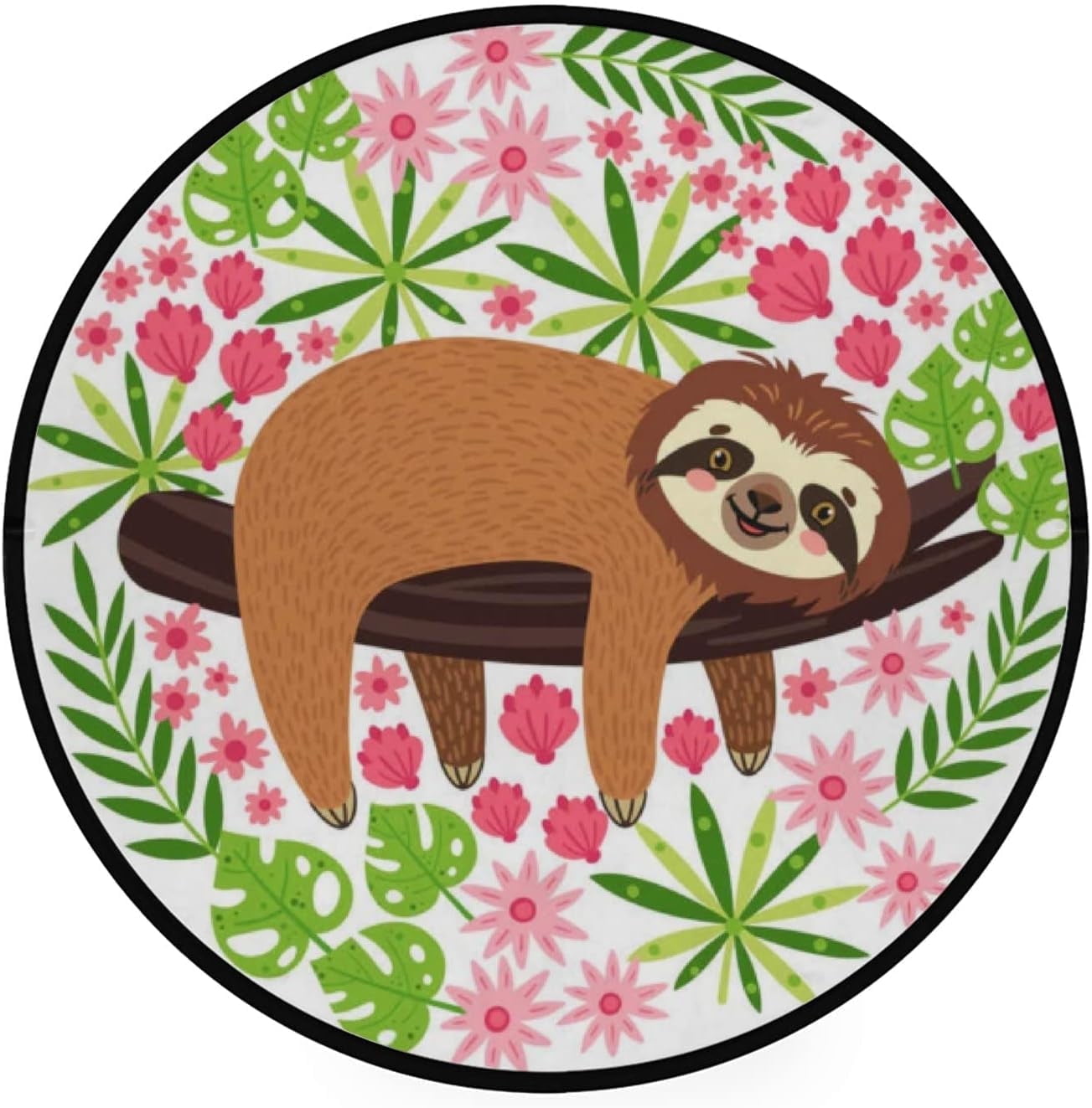 FREEAM Kids Round Nursery Area Rug Cute Sloth with Floral 5 Ft Non Skid ...