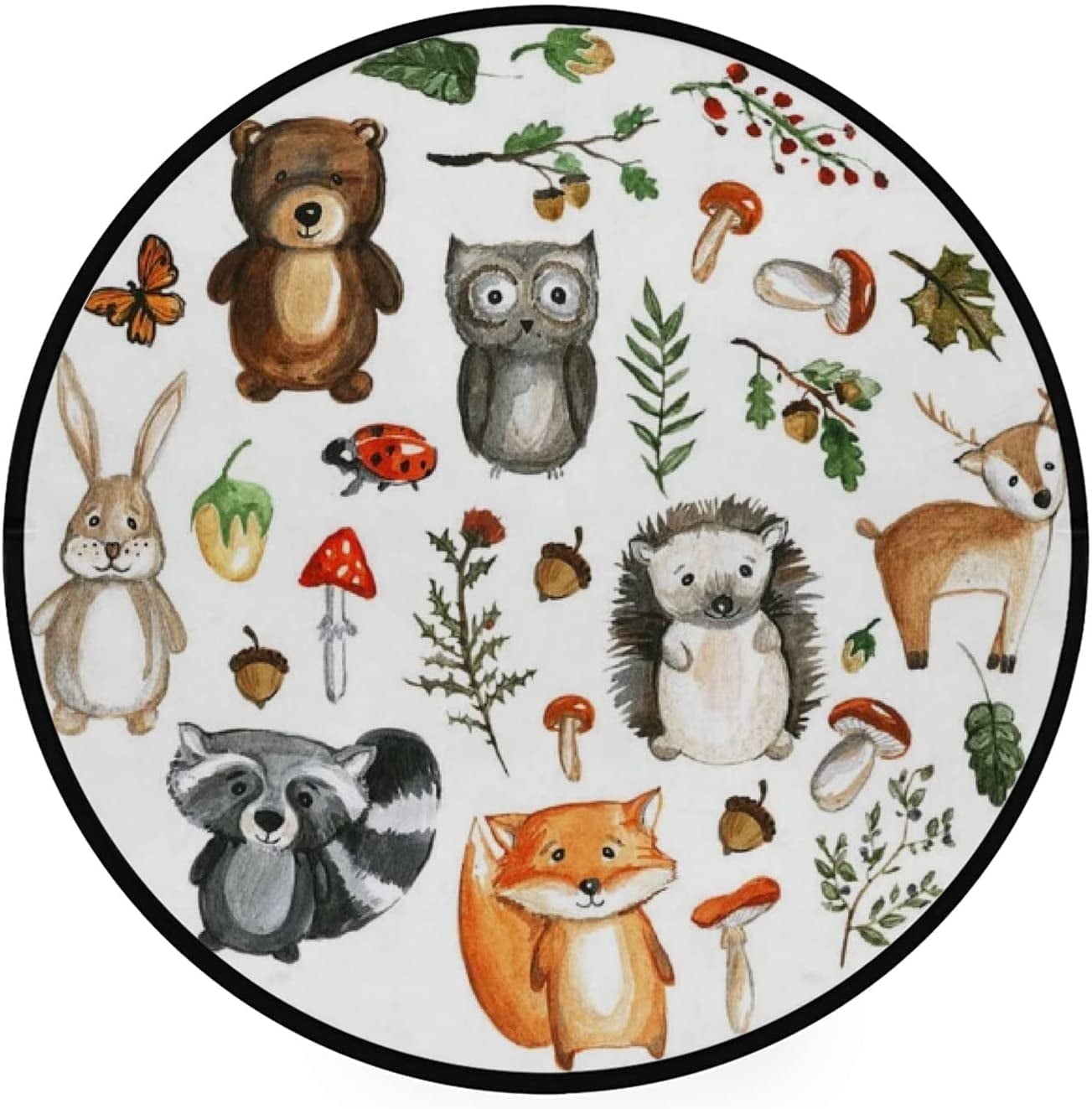 FREEAM Kids Round Nursery Area Rug Cute Woodland Animals 3 Ft Non Skid ...