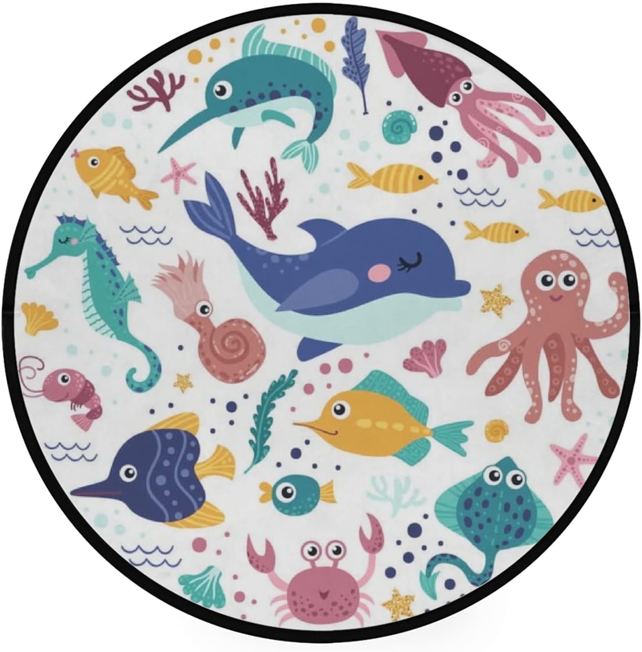 FREEAM Kids Round Rug Mat 3 Ft Ocean Animals Collection Dolphin Octopus ...