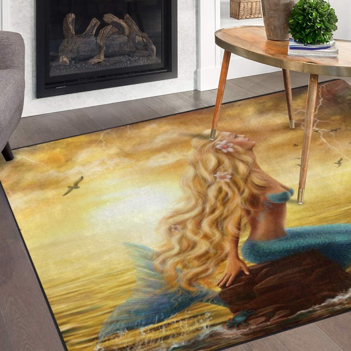 FREEAM Ocean Beach Area Rug 4'x6', Mermaid with Ghost Ship Polyester ...