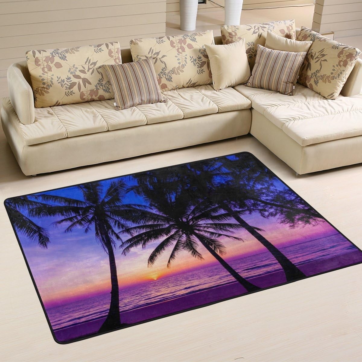 FREEAM Ocean Sea Area Rug 4'x6', Palm Trees Sunset Beach Polyester Area ...