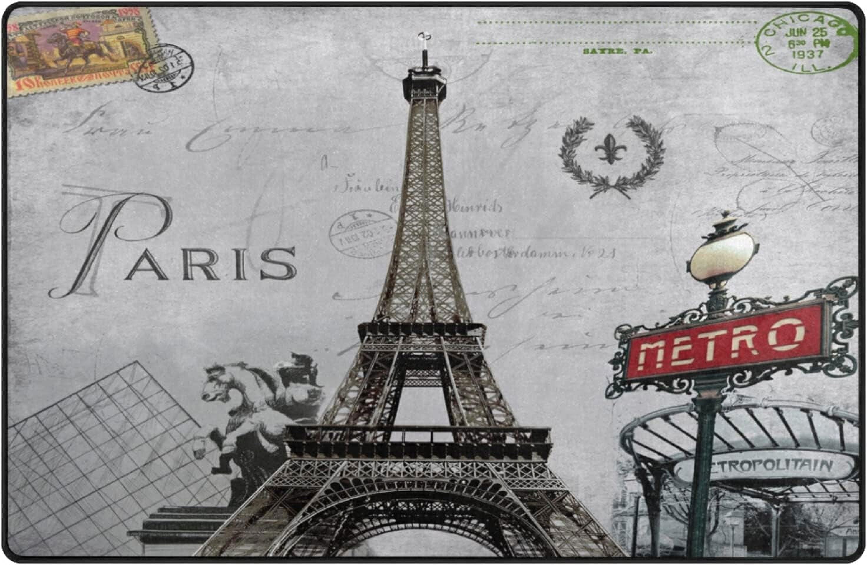 FREEAM Paris Area Rug 5'x7', Vintage Retro Eiffel Tower Polyester Area ...