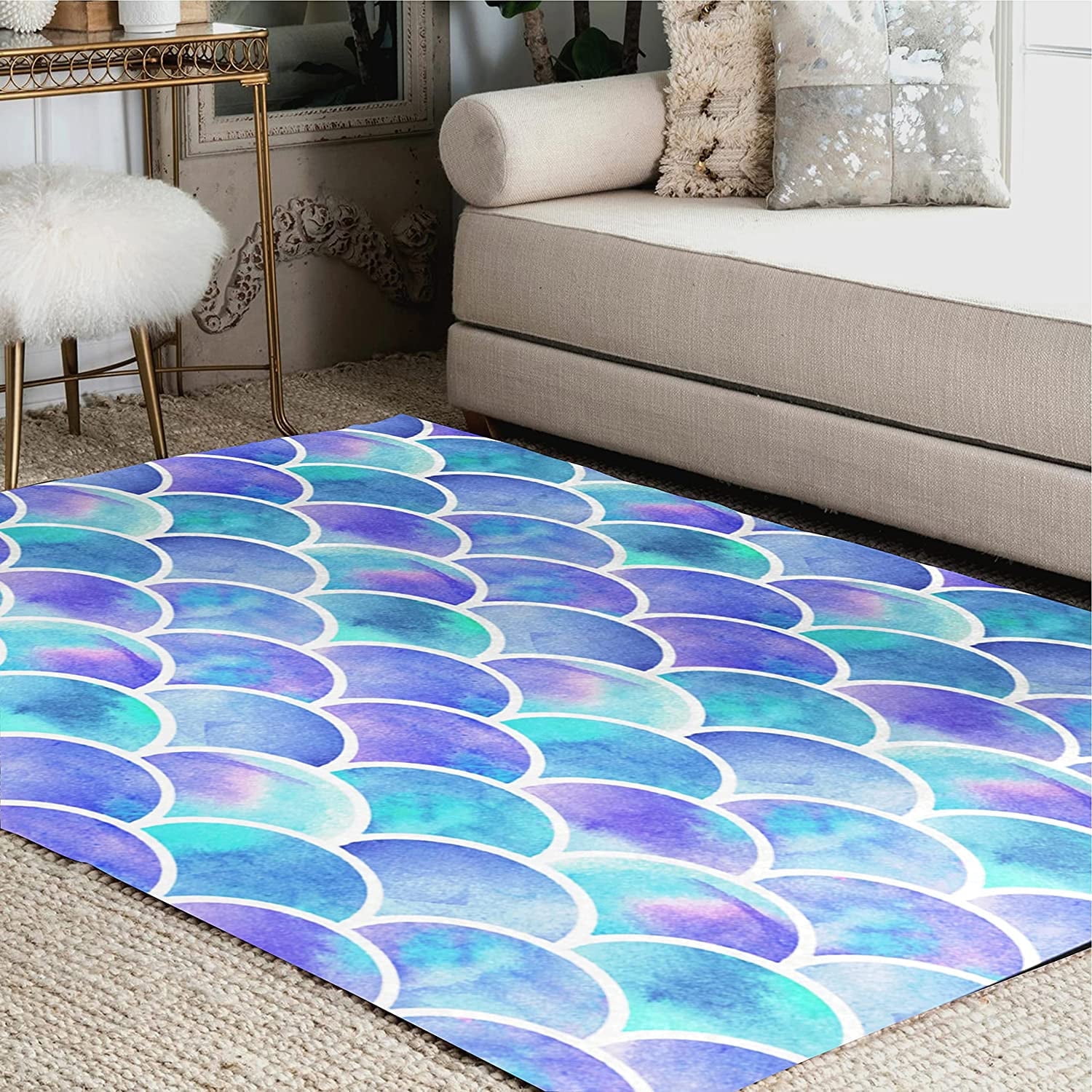 FREEAM Rainbow Watercolor Scales of Mermaid Area Rug Mat for Living ...