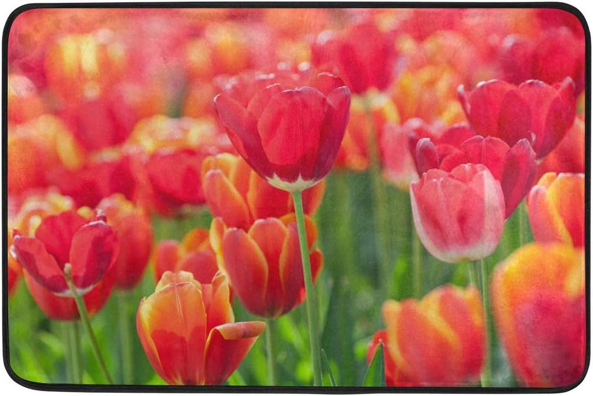 FREEAM Red Tulip Floral Bath Mat Non Slip Super Absorbent Soft Bathroom ...