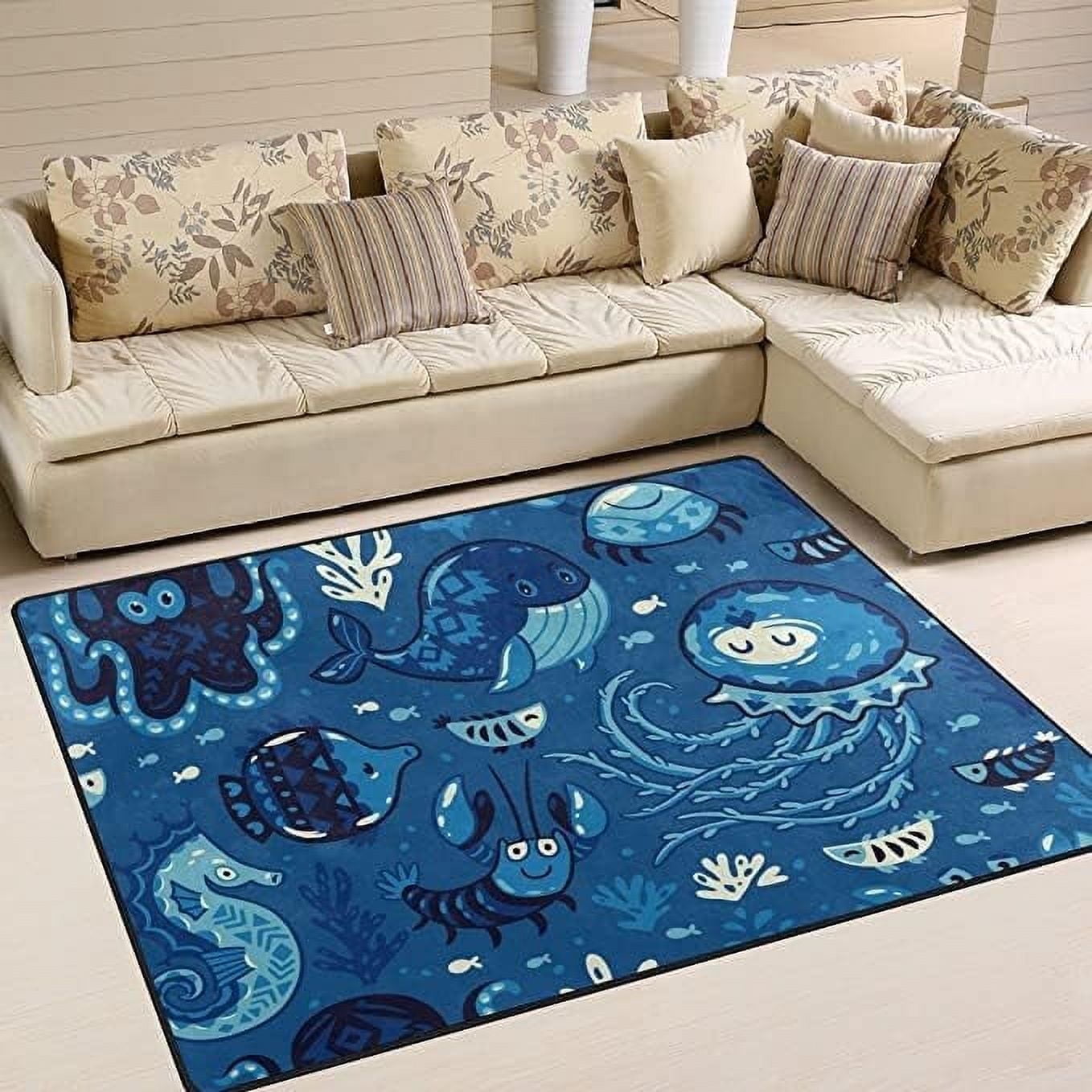 FREEAM Soft Foam Area Rugs Blue Ocean Sea Octopus Dolphin Non Slip Play ...