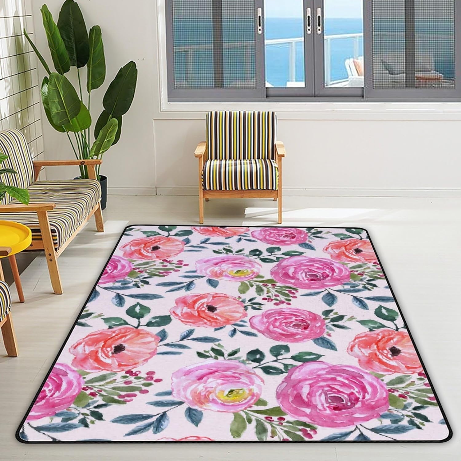 FREEAM Soft Foam Nursery Area Rugs Pink and Coral Roses Ranunculus ...
