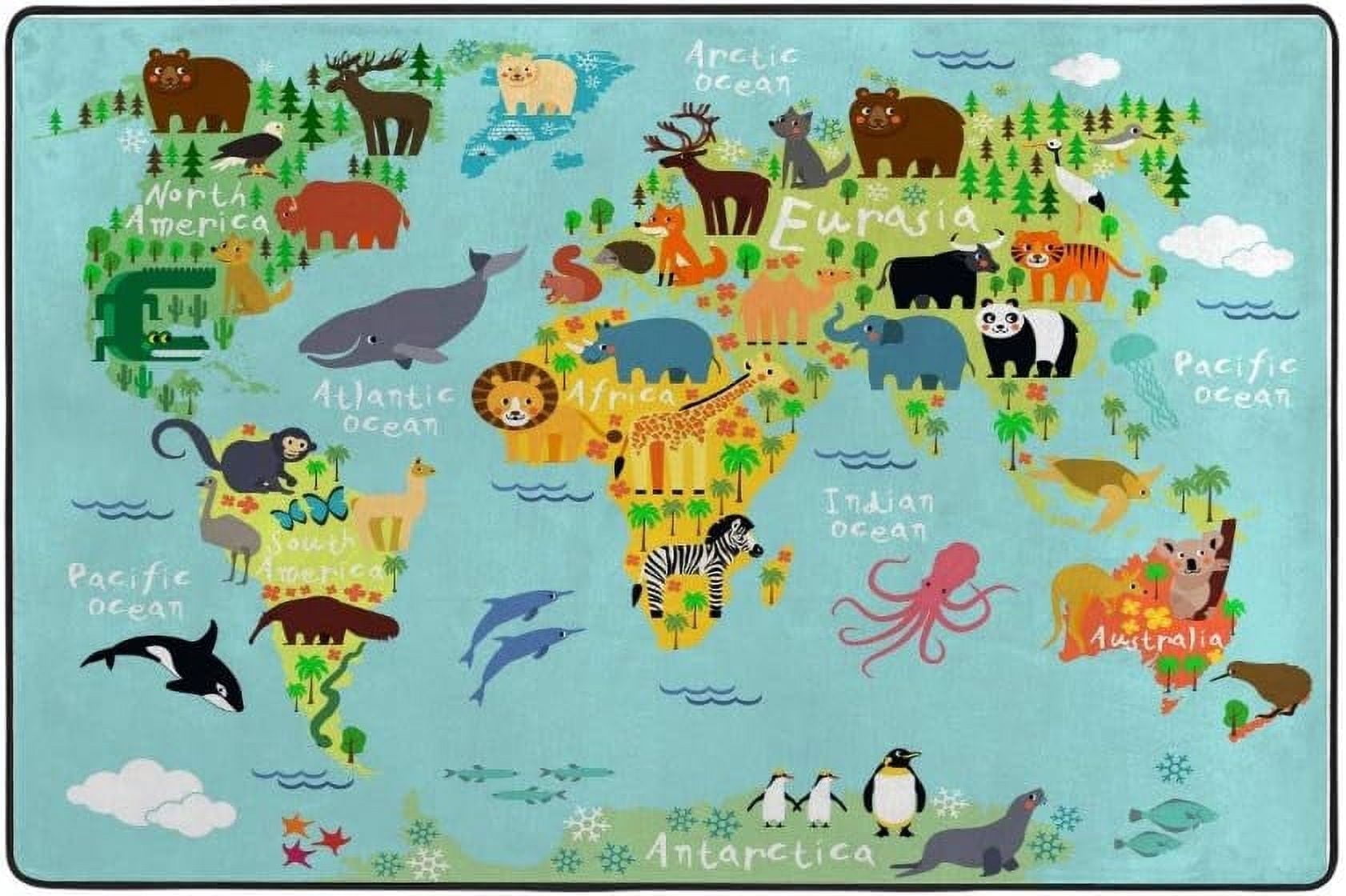 FREEAM Soft Kids Rug World Map Area Rug Children Non Skid Animal Area ...