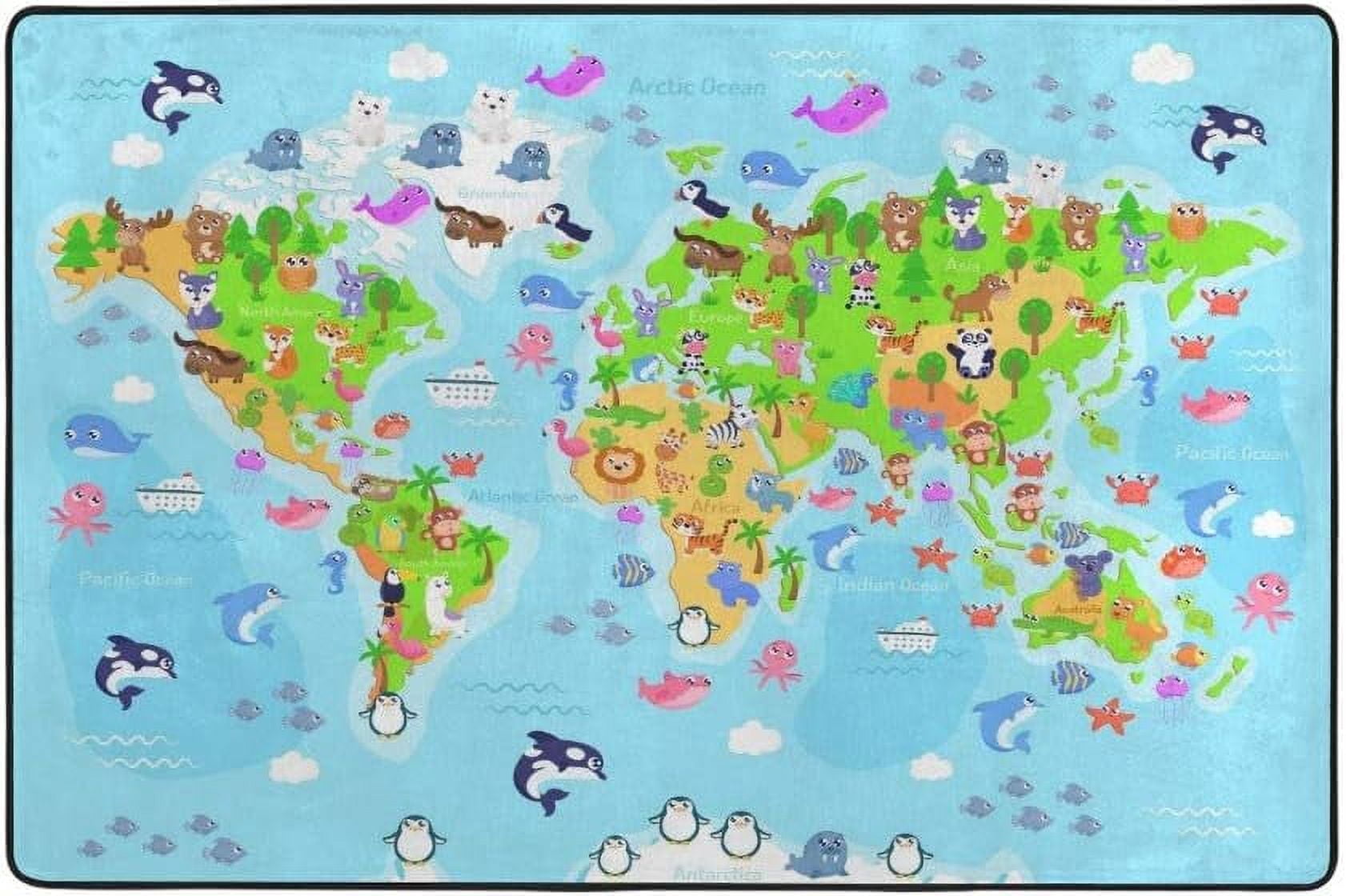FREEAM Soft Kids Rug World Map Area Rug Children Non Skid Animal Area ...