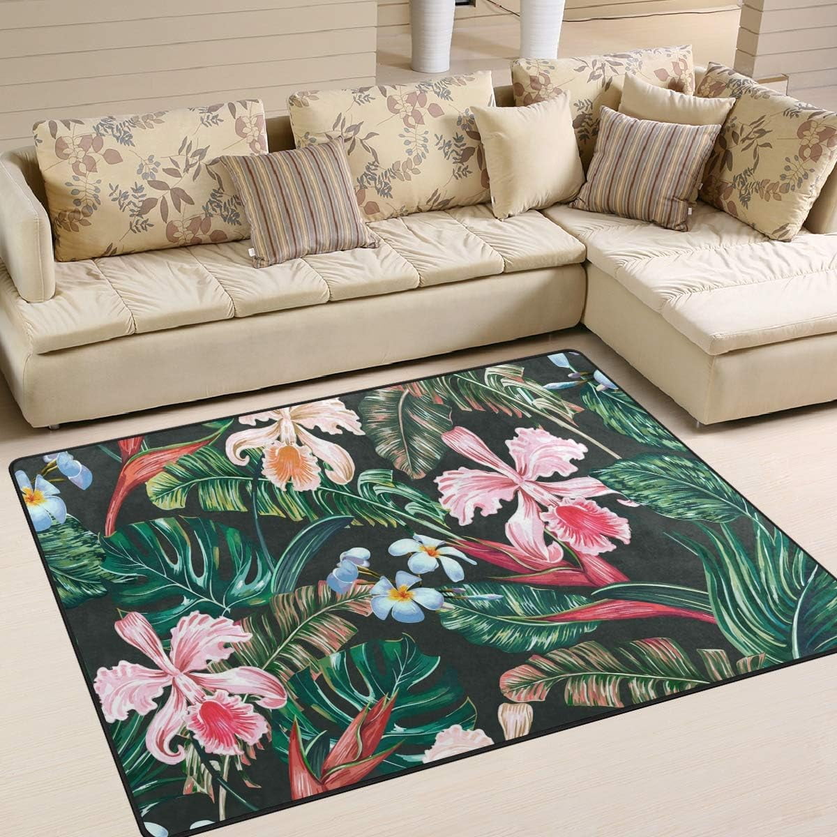 FREEAM Tropical Flower Non Slip Area Rug for Living Dinning Room ...