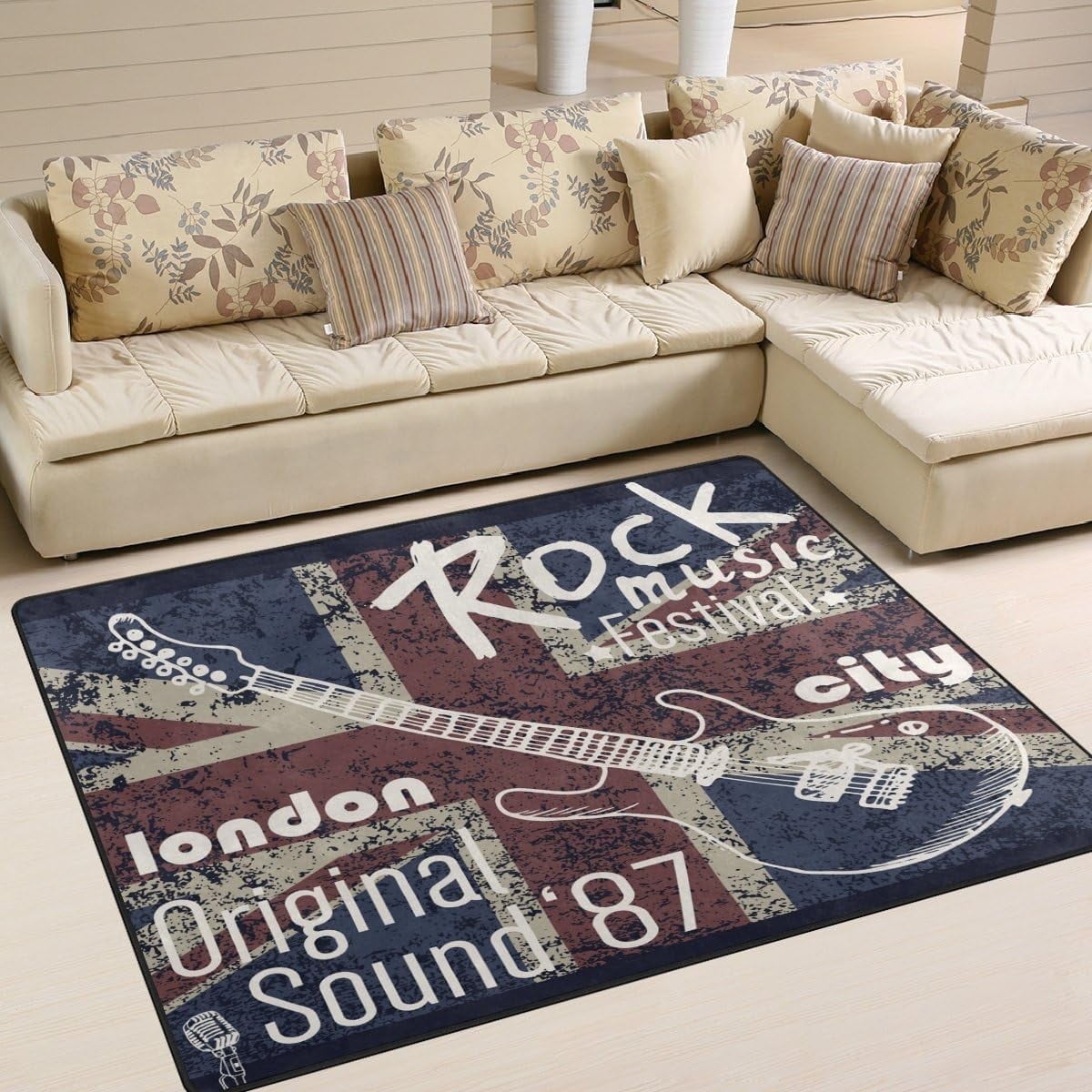 FREEAM Vintage Union Jack Guitar Music Stylish Area Rug Mat for Living ...