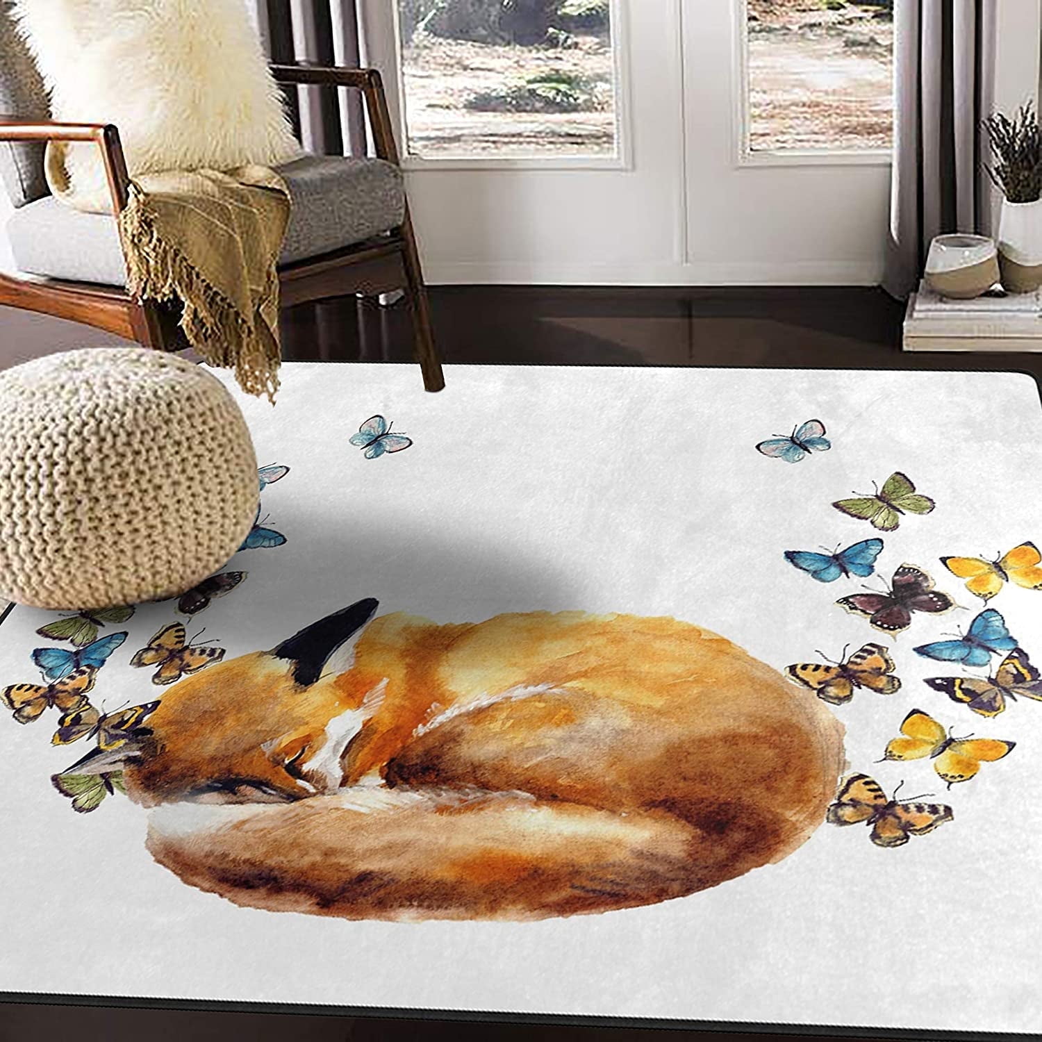 FREEAM Watercolor Fox with Butterfly Area Rug Mat for Living Dining ...