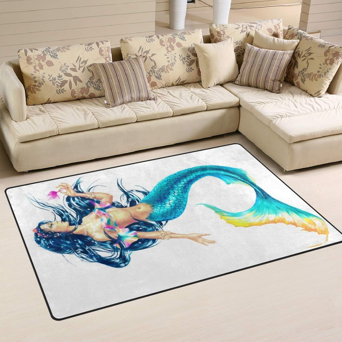 FREEAM Watercolor Mermaid Non Slip Area Rug for Living Dinning Room ...