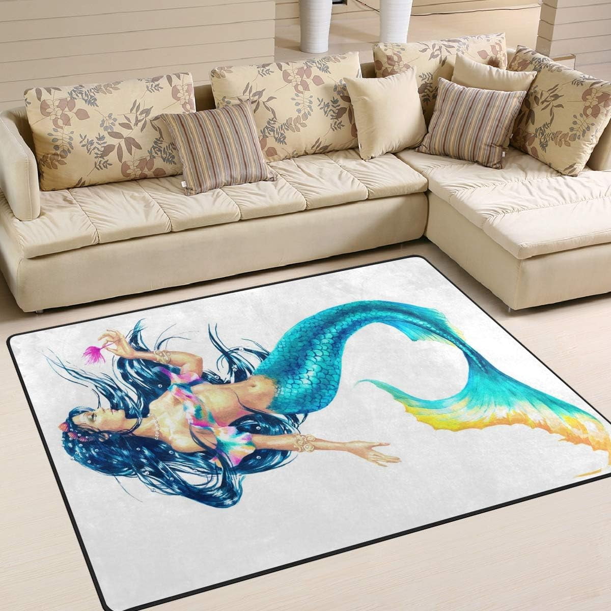 FREEAM Watercolor Mermaid Non Slip Area Rug for Living Dinning Room ...