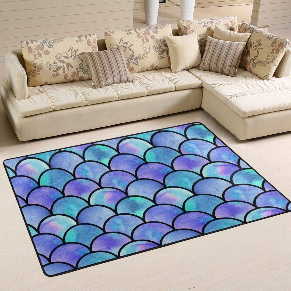 FREEAM Watercolor Rainbow Mermaid Scale Non Slip Area Rug for Living ...