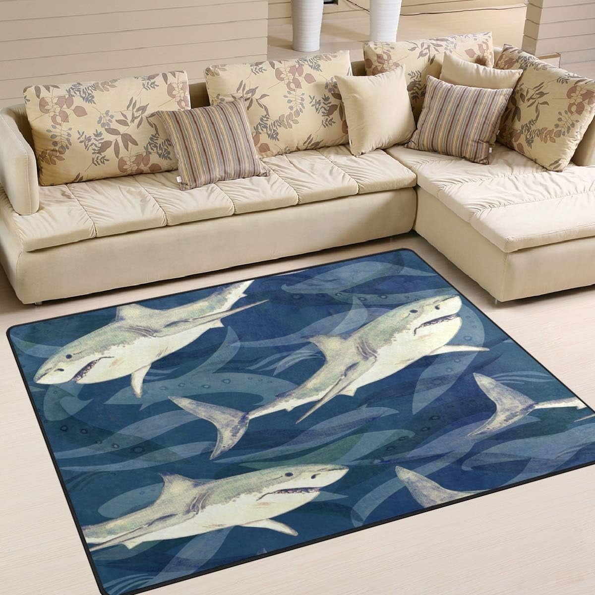 FREEAM White Shark Fish Watercolor Area Rug Mat for Living Dining Dorm ...