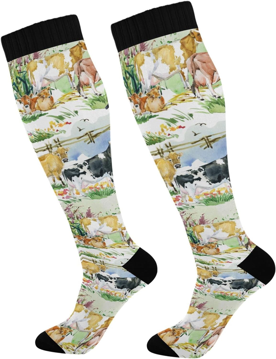FREEAMG 1 Pair Farm Animals Watercolor Compression Socks 20-30mmHg Knee ...