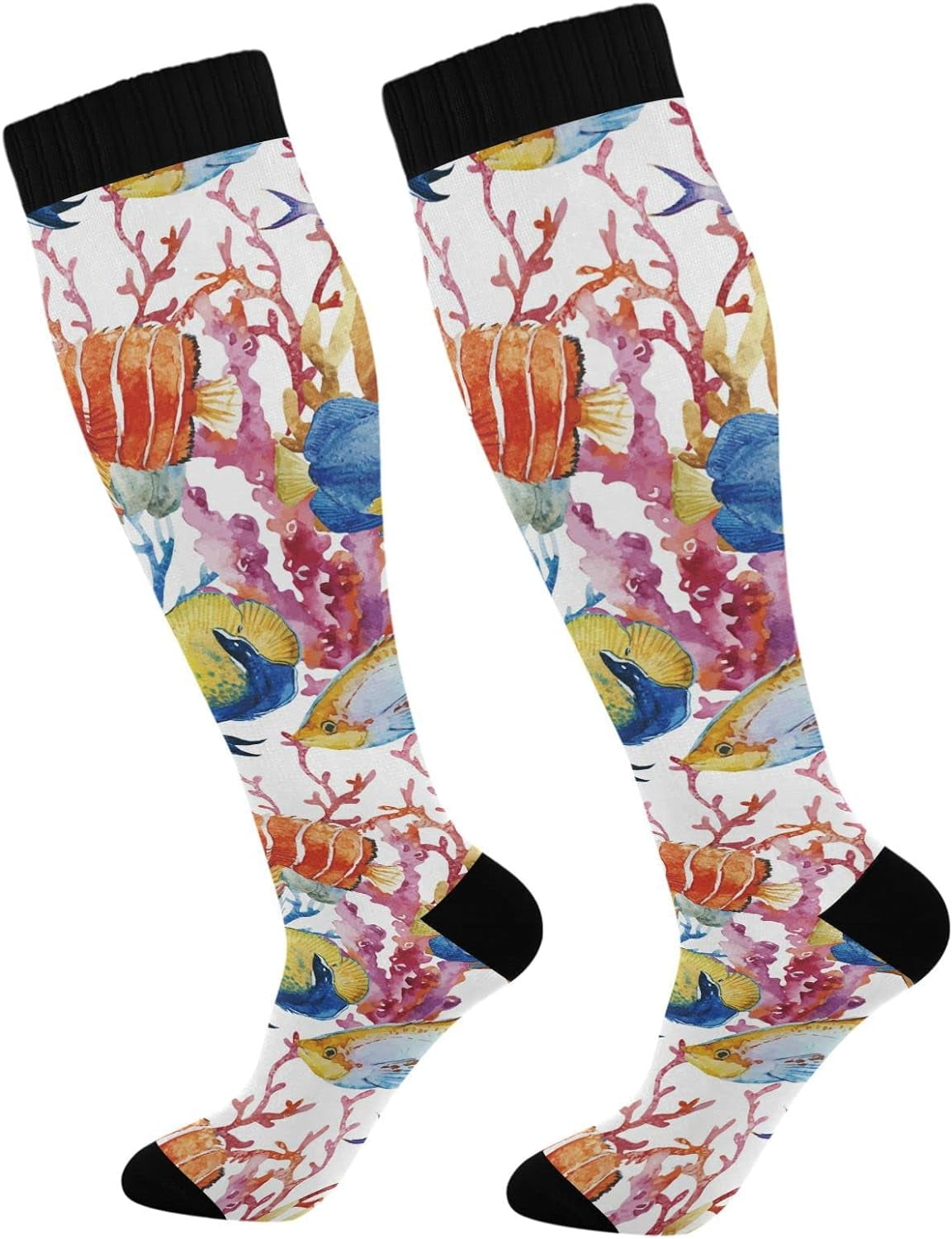 FREEAMG 1 Pair Watercolor Tropical Fish Compression Socks 20-30mmHg ...