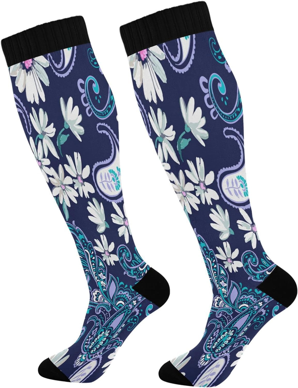 FREEAMG 1 Pairs Flower Pattern Compression Socks for Women Men Knee ...