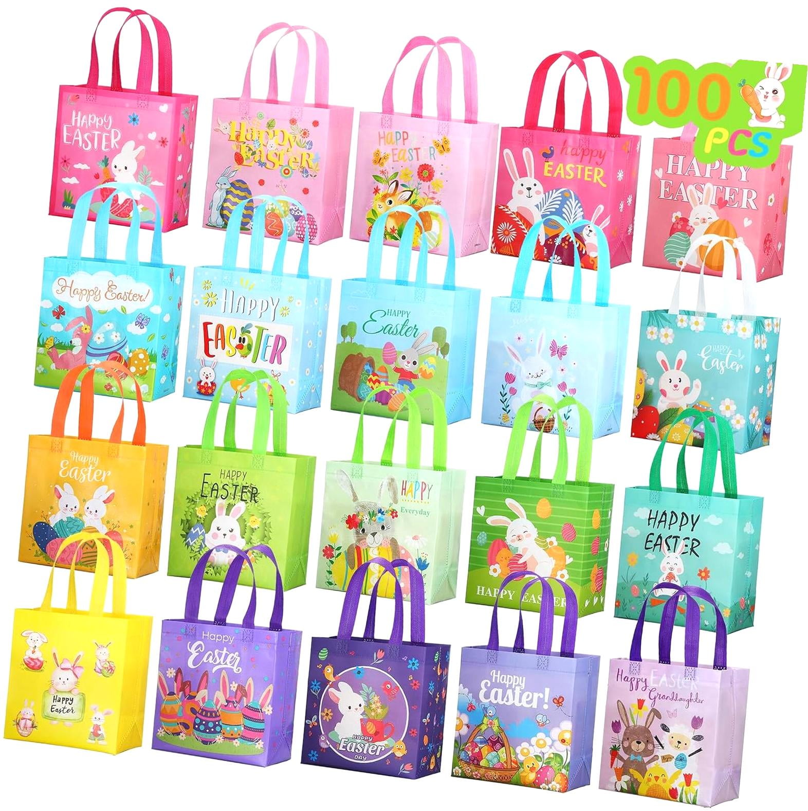 FREEAMG 100-Pack Easter Totes with Handles, Bunny Non-Woven Bags for ...
