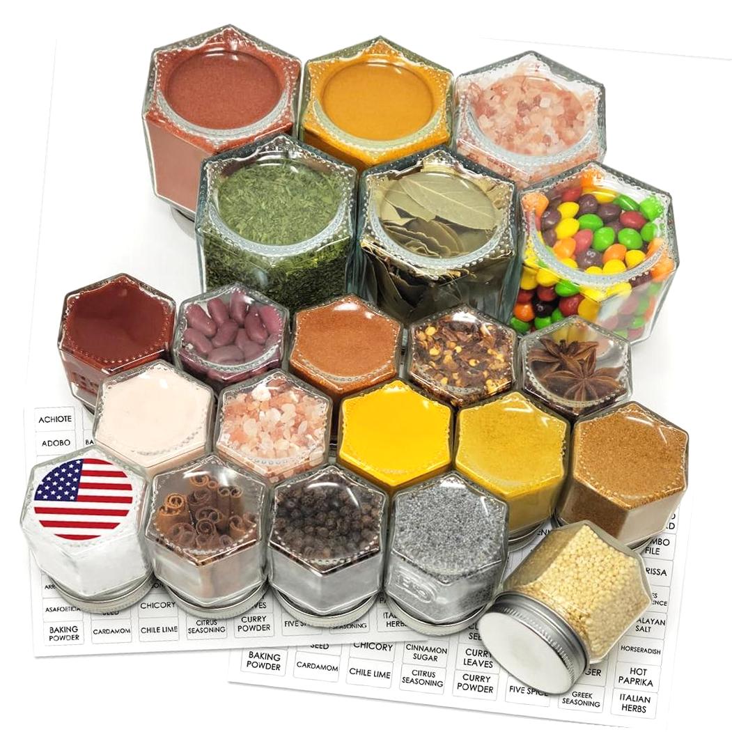 FREEAMG 15 Set Magnetic Spice Jars - Large 4 oz Refrigerator Hexagon ...