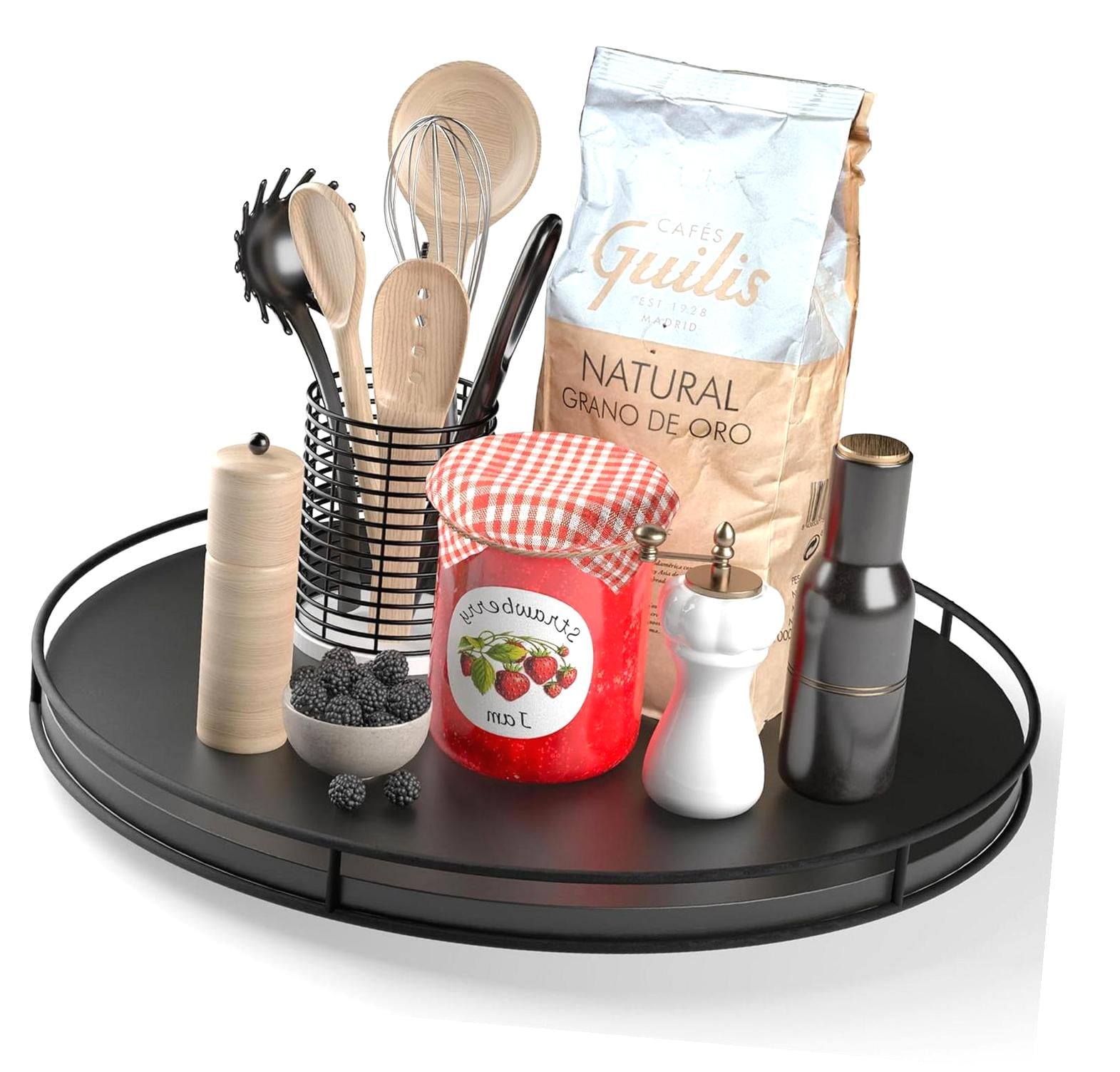 FREEAMG 16" Acacia Wood Rotating Tray with Metal Base - Large Black ...