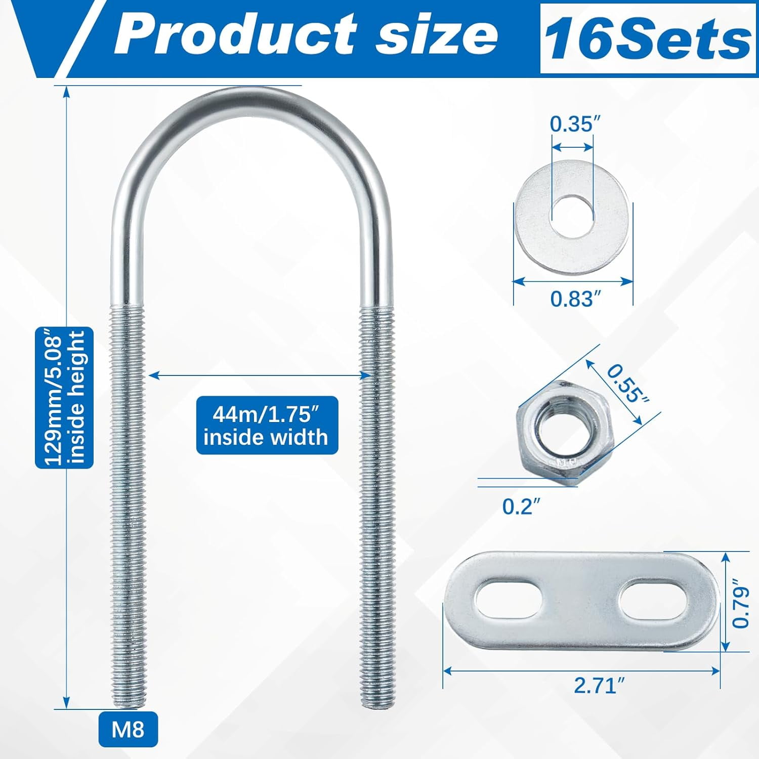 FREEAMG 16 Sets Round U Bolts Zinc Plated Steel Round Bend U Clamp with ...