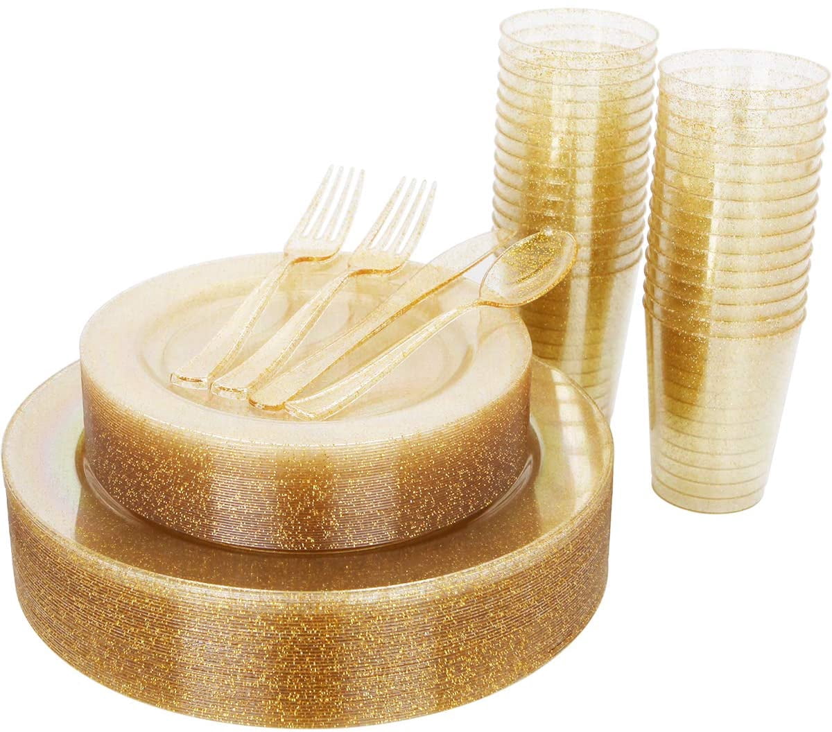 FREEAMG 175 Pieces Gold Glitter Plast Plates with Silverware and Cups ...