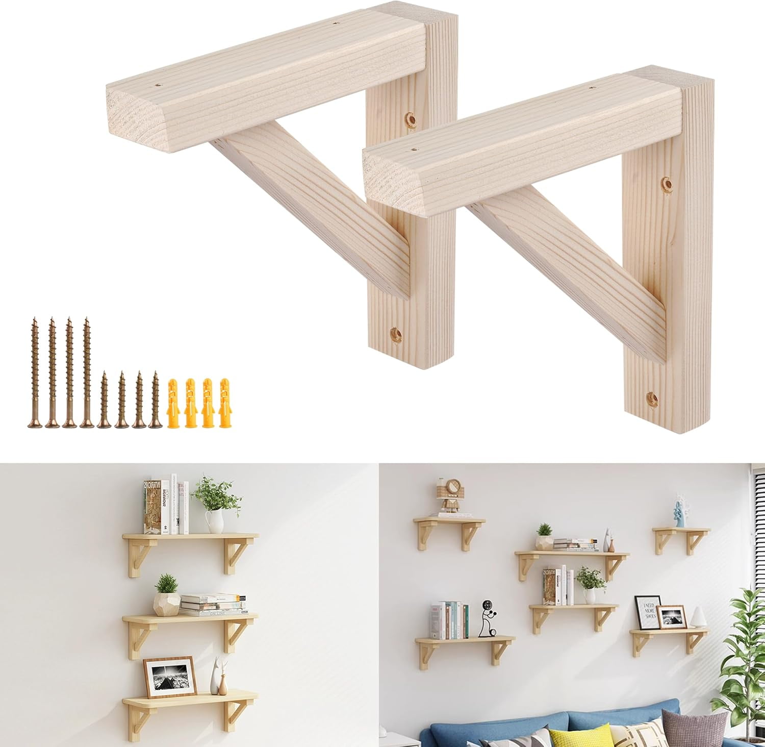 FREEAMG 2 Pack Wall Mount Wood Shelf Bracket Triangle Wooden Shelf ...