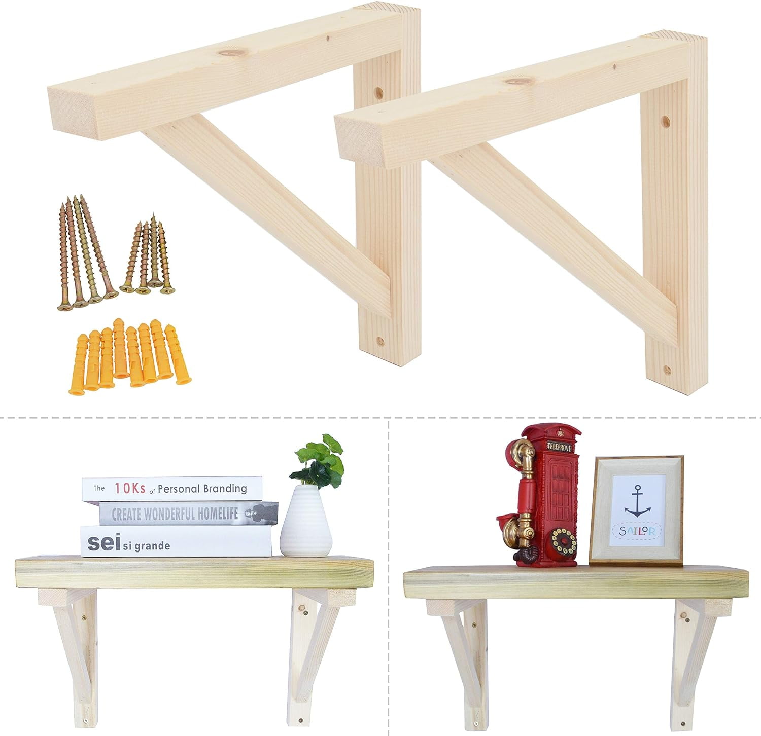 FREEAMG 2 Pack Wall Mount Wood Shelf Bracket Triangle Wooden Shelf ...