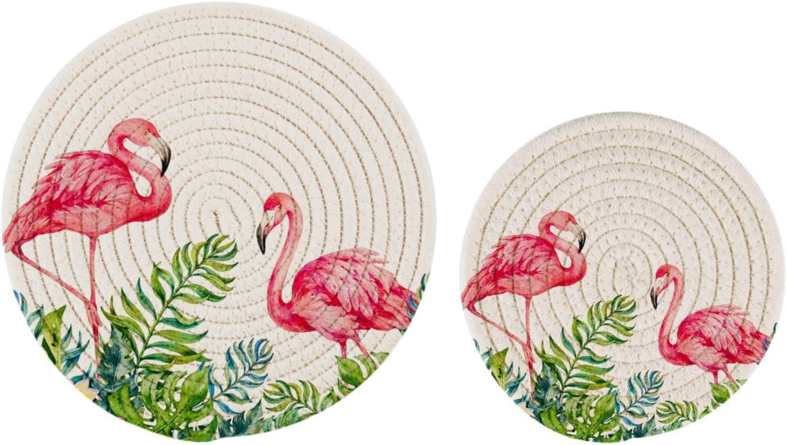 FREEAMG 2 Pcs Tropical Leaves Couple Flamingo Round Cotton Woven Pot ...