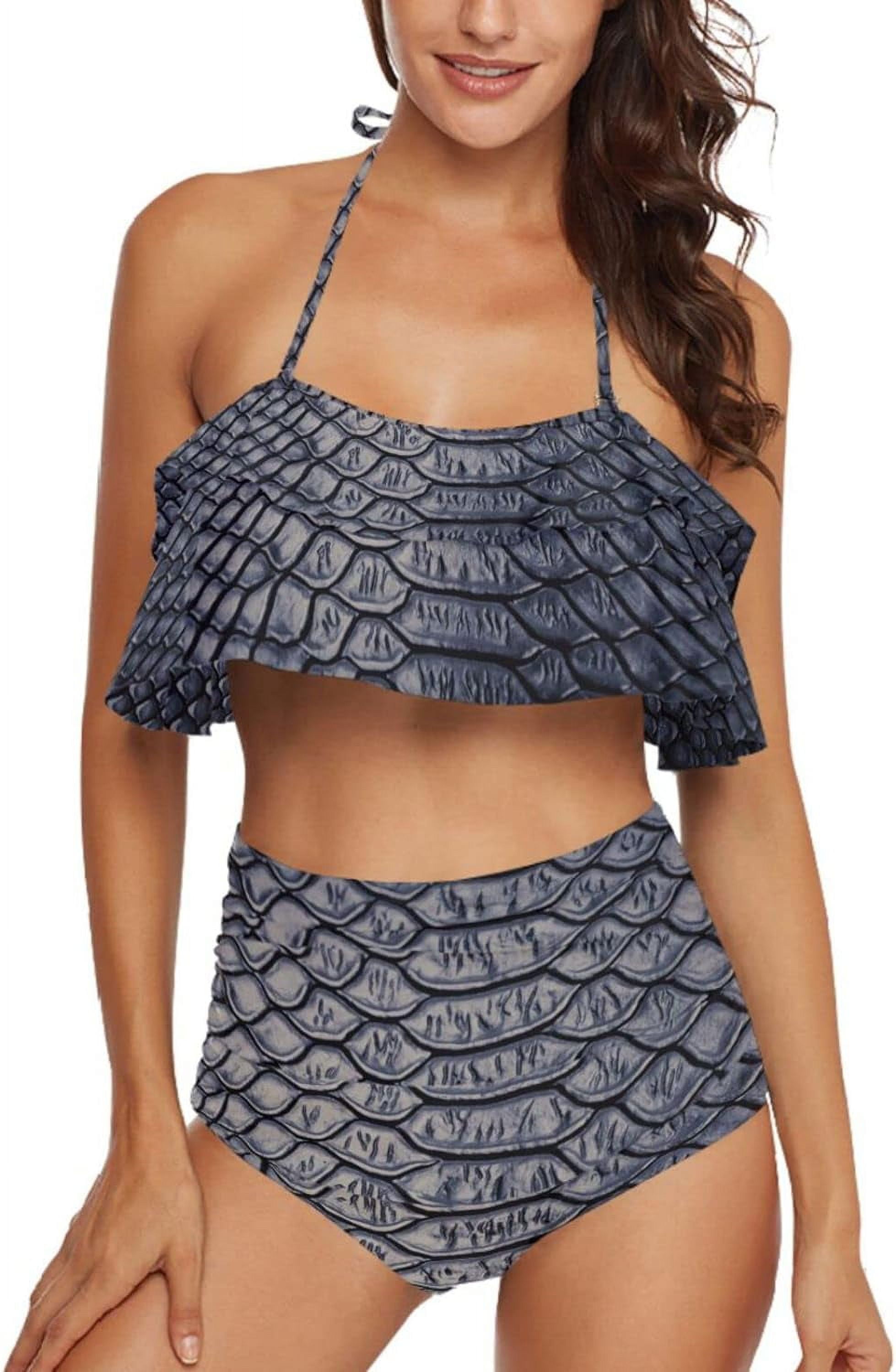 FREEAMG 2 Piece Swimsuit 3D Python Skin Print Ruffled Top Swimwear Sexy Bathing Bikini Set ...
