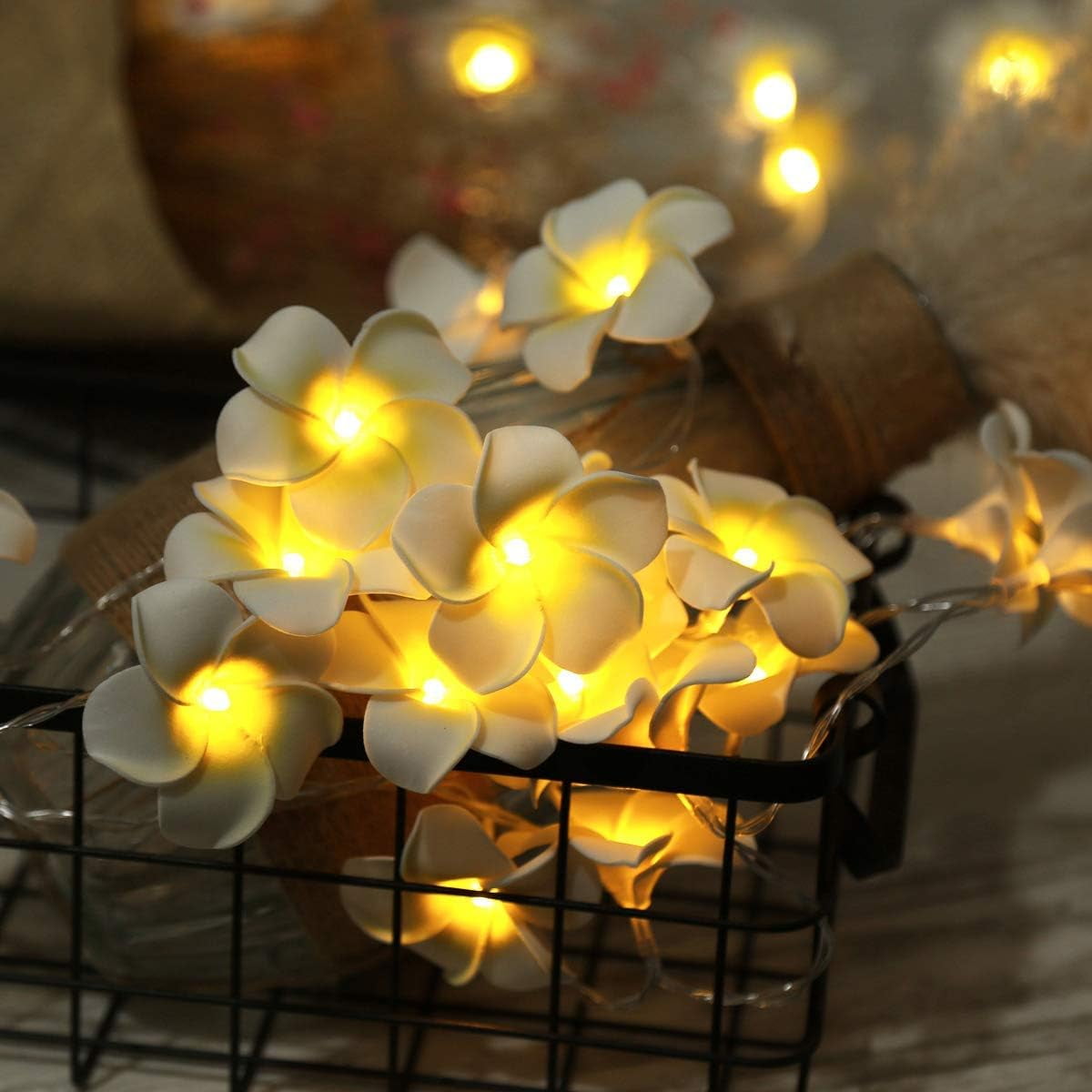 FREEAMG 2 Sets Yellow Flowers Frangipani 20 LED St Light Hawaiian Foam ...