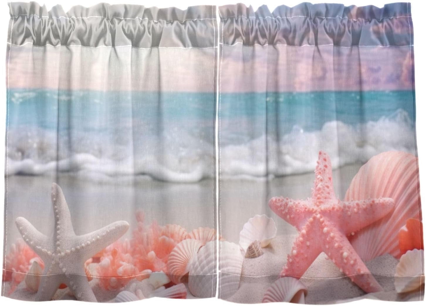FREEAMG 24 Inch Length Kitchen Curtains Beach Starfish Shells 2 Panels ...
