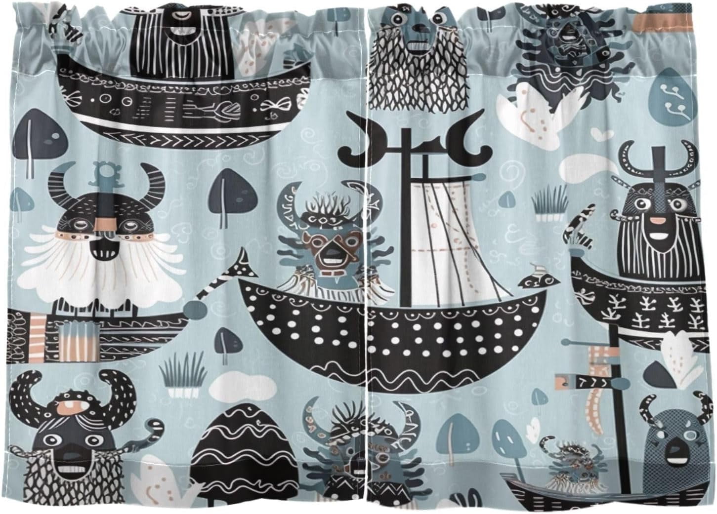 FREEAMG 24 Inch Length Kitchen Curtains Cartoon Vikings 2 Panels Half ...