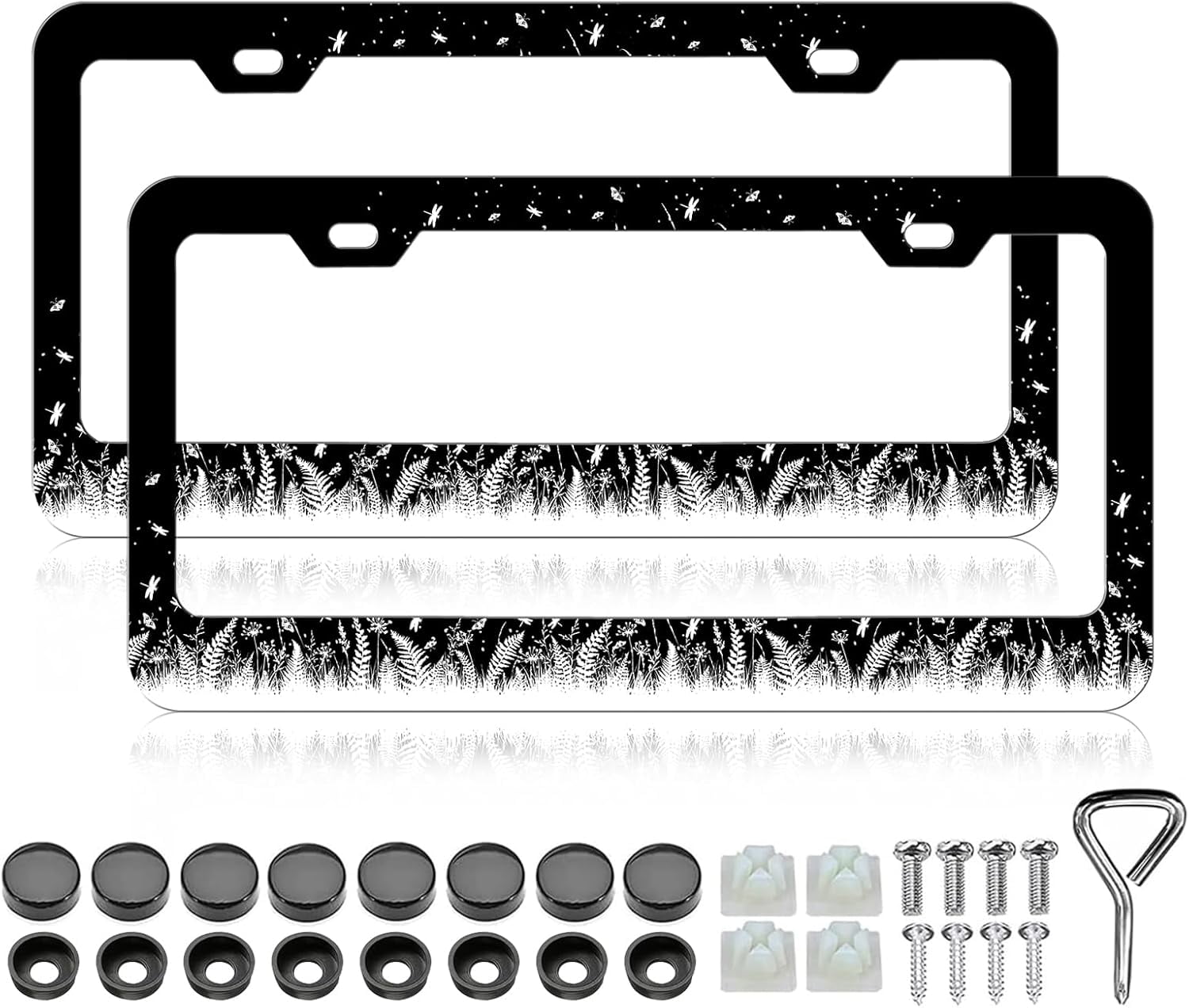 FREEAMG 2PCS Black White Flowers Grass License Plate Frames Butterfly ...