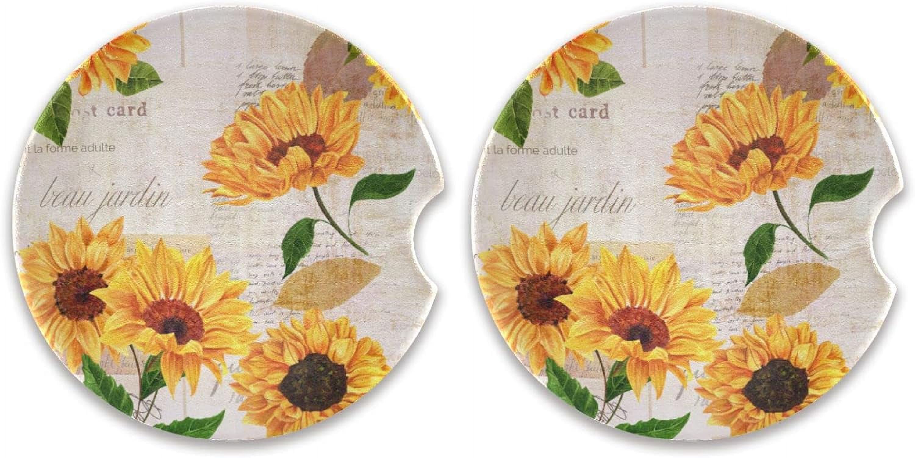 FREEAMG 2pcs Yellow Sunflower Car Coaster for Drinks, Absorbent Ceramic ...
