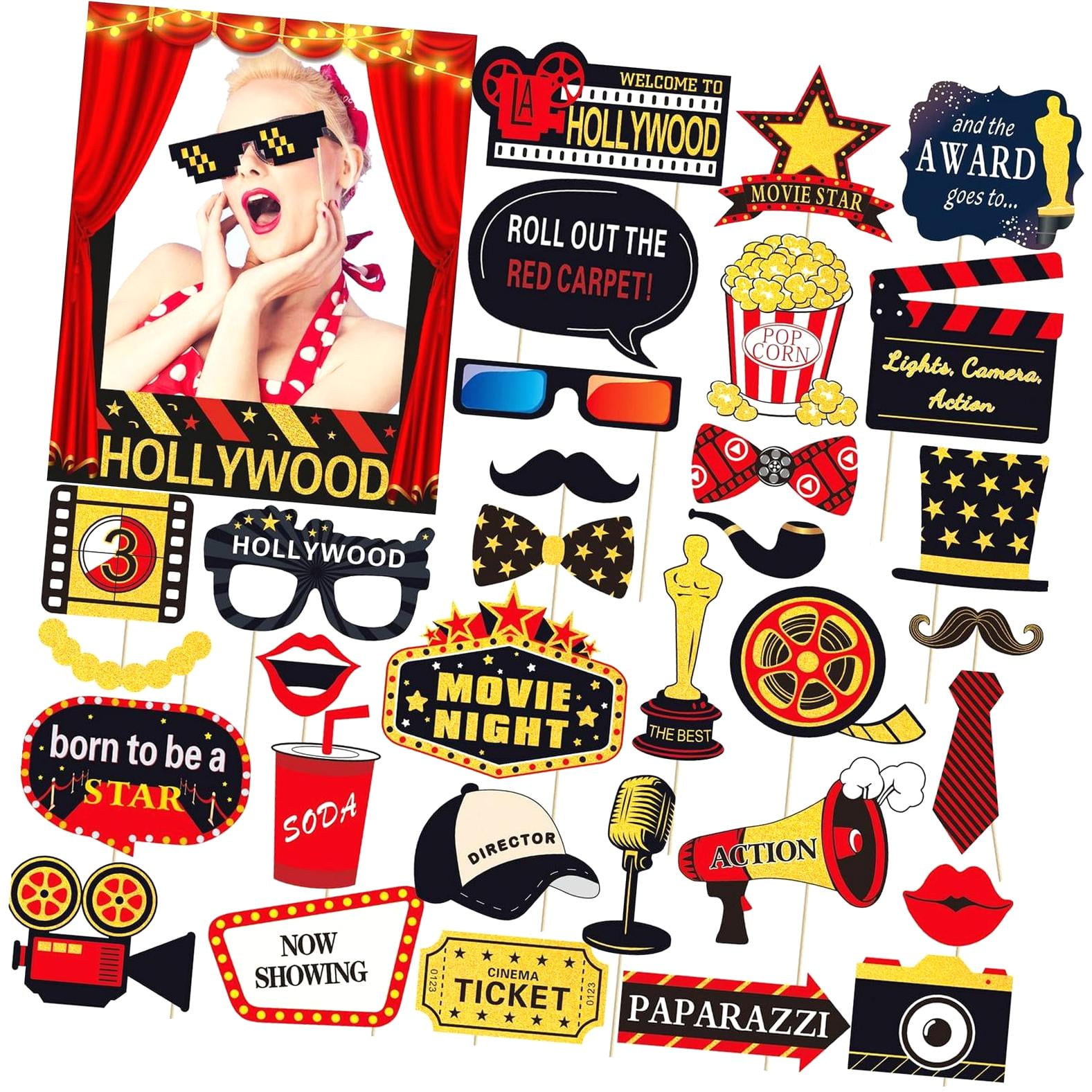 FREEAMG 34pcs Themed Movie Night Party Photo Booth Props, Selfie Frame ...
