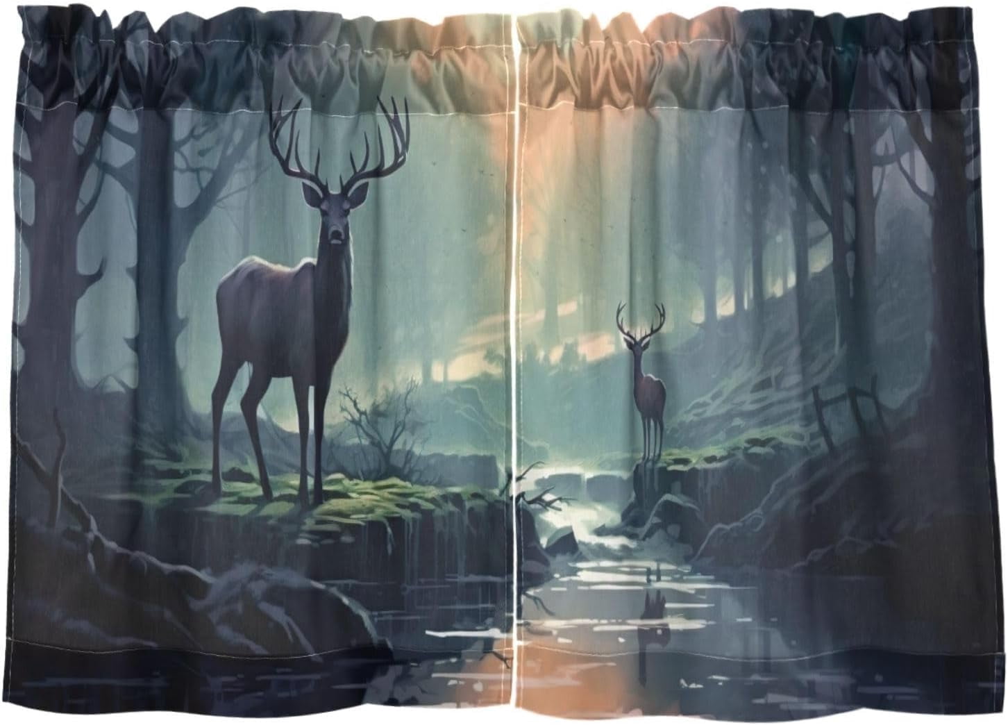 FREEAMG 36 Inch Length Kitchen Curtains Deer by The River 2 Panels Half ...