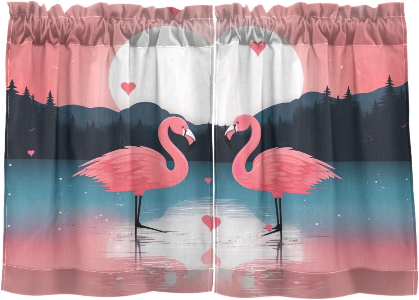 FREEAMG 36 Inch Length Kitchen Curtains Pink Flamingos Lovers 2 Panels Half Window Sheer ...