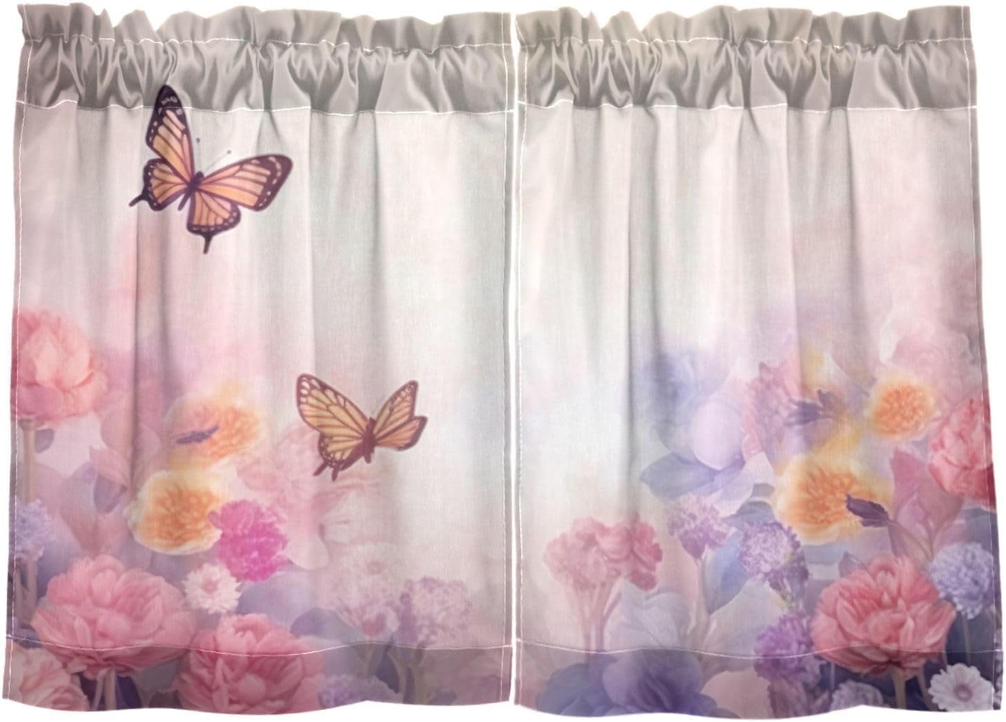 FREEAMG 36 Inch Length Kitchen Curtains Watercolor Flower Butterfly 2 ...