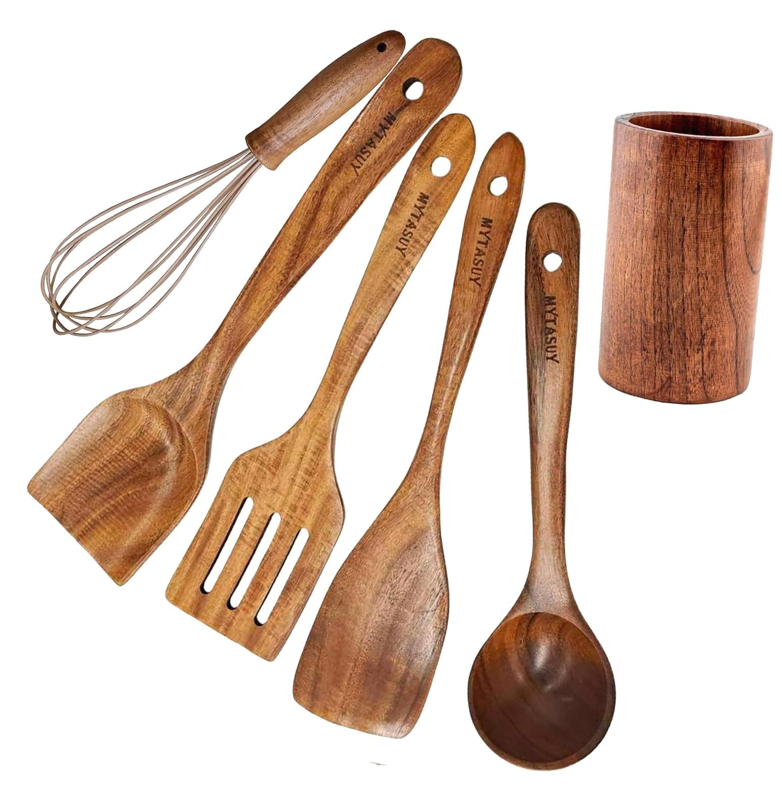 FREEAMG 6-Piece Wooden Spoon Cooking Set - Non-Scratch Kitchen Utensils ...