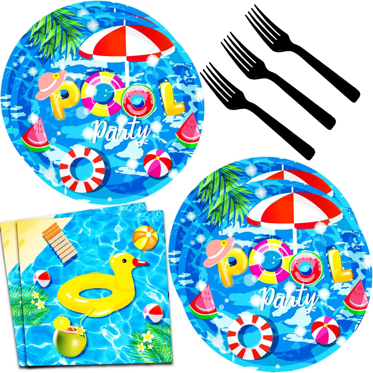 FREEAMG 60Pcs Pool Party Supplies Pool Party Tableware Set 7"Pool Party ...