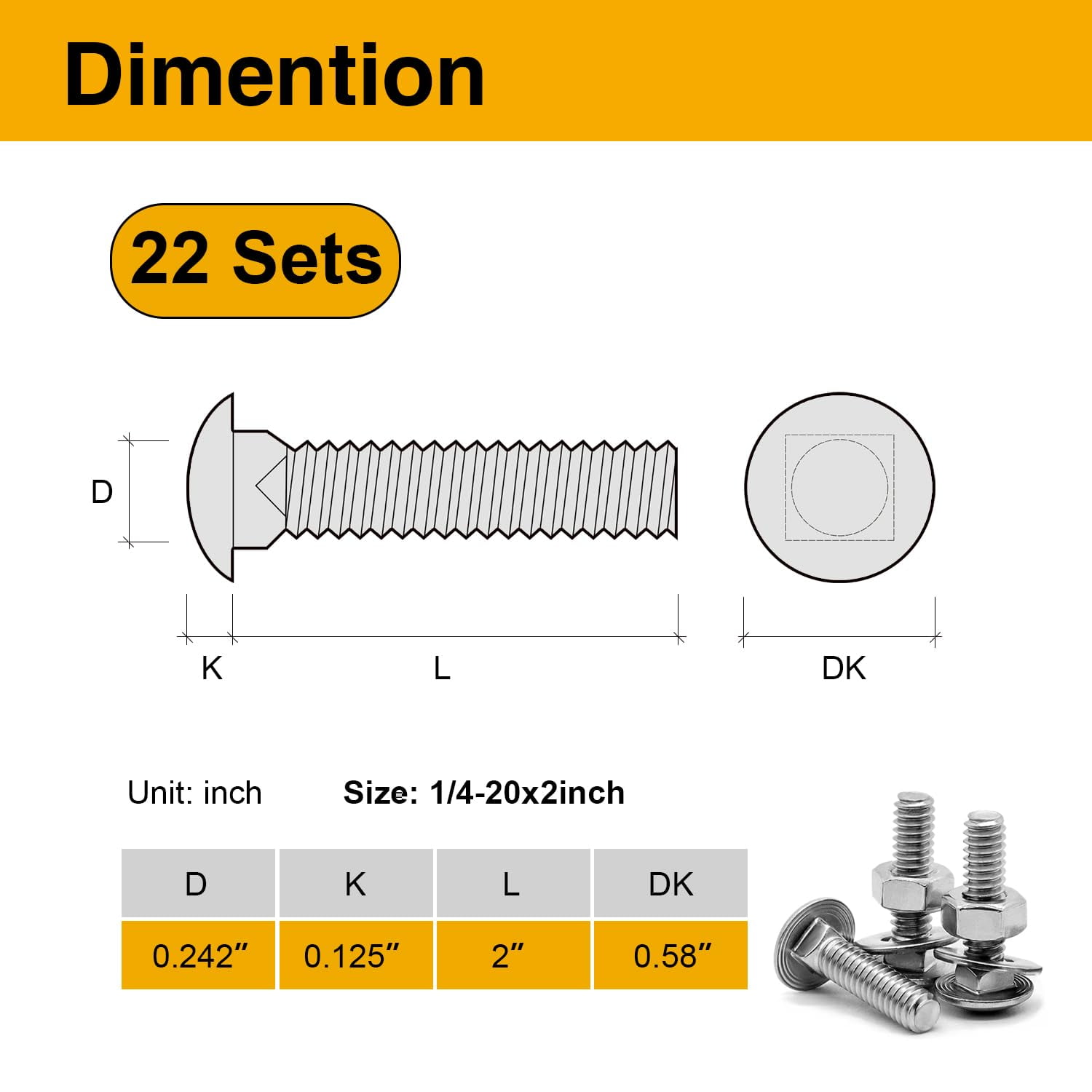 FREEAMG 8-Piece Carriage Bolts Set, 5/16-18x5/8 Inch, Made of 304 Steel ...