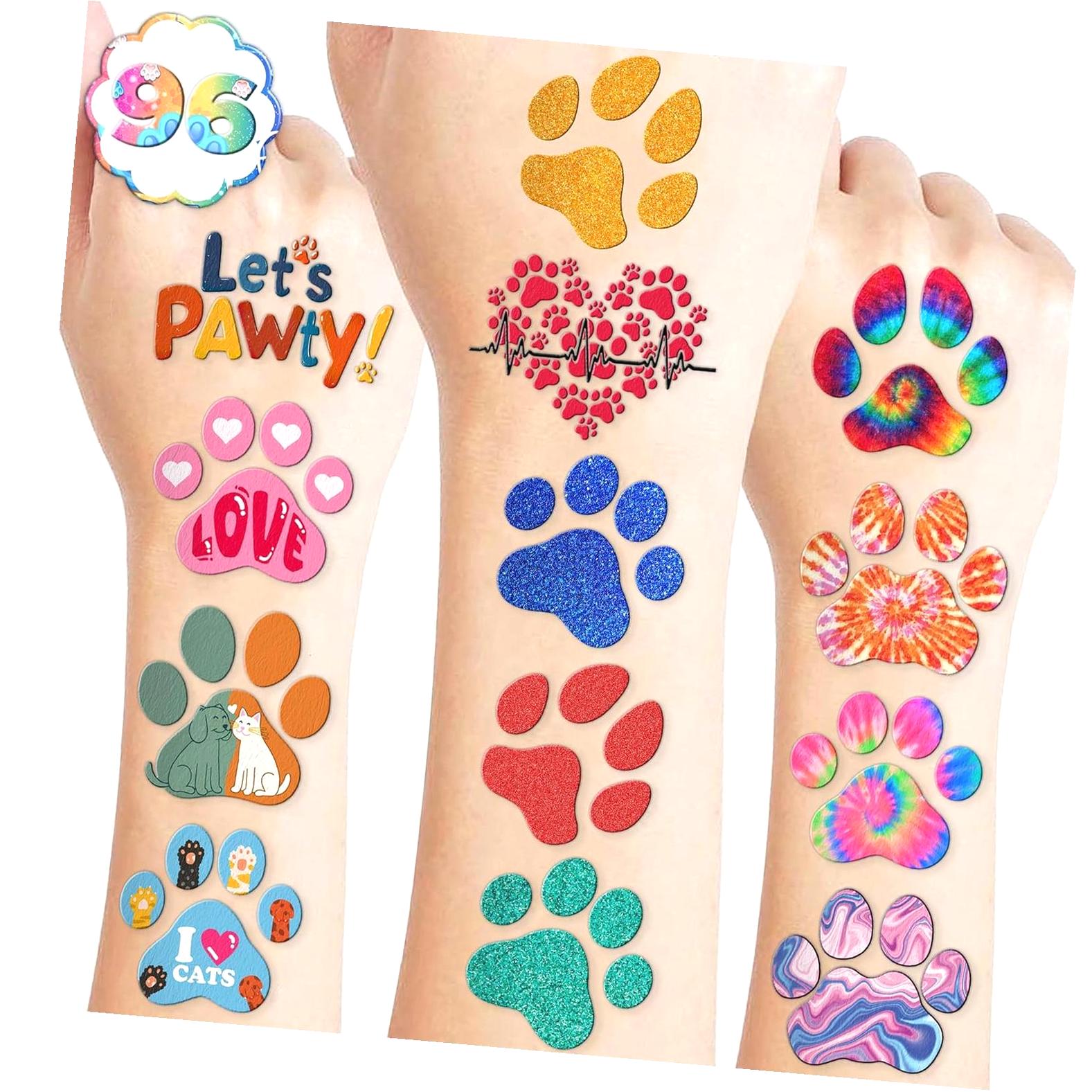 FREEAMG 96 PCS Dog Paw Print Pre-Cut Temporary Tattoos for | Adorable ...